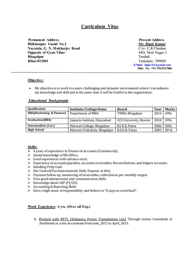 BIPUL KUMAR CV | DOCX | Resume Writing and Advice | Job Search