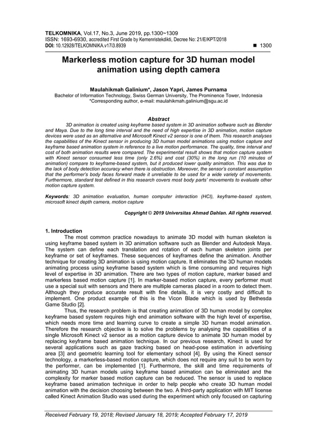 Markerless Motion Capture For 3d Human Model Animation Using Depth