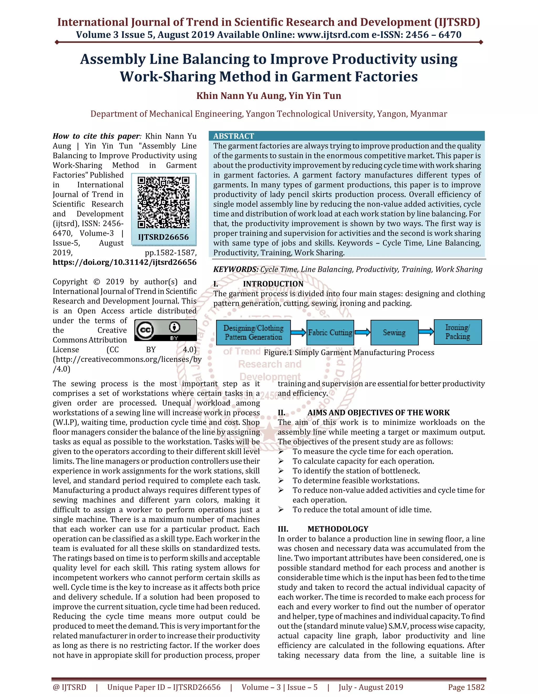 Assembly Line Balancing to Improve Productivity using Work Sharing Method in Garment Factories | PDF