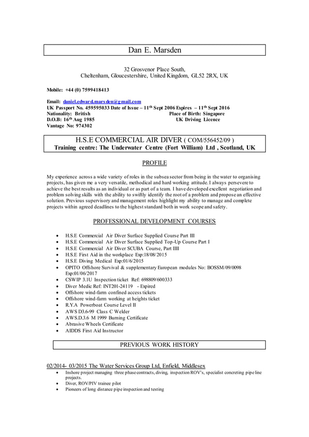 D E Marsden - Marine CV | DOCX | Scuba Diving | Extreme Sports
