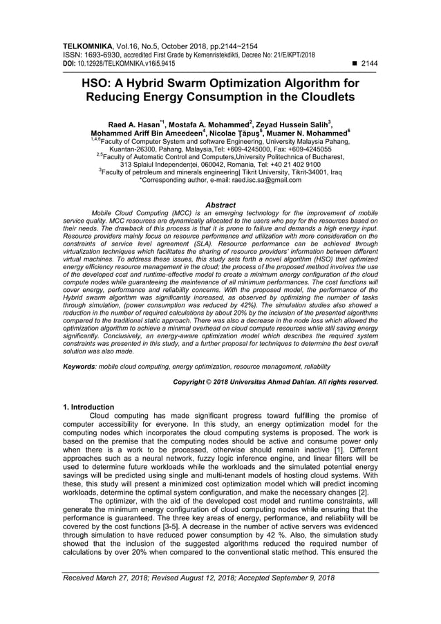 HSO: A Hybrid Swarm Optimization Algorithm for Reducing Energy Consumption in the Cloudlets | PDF