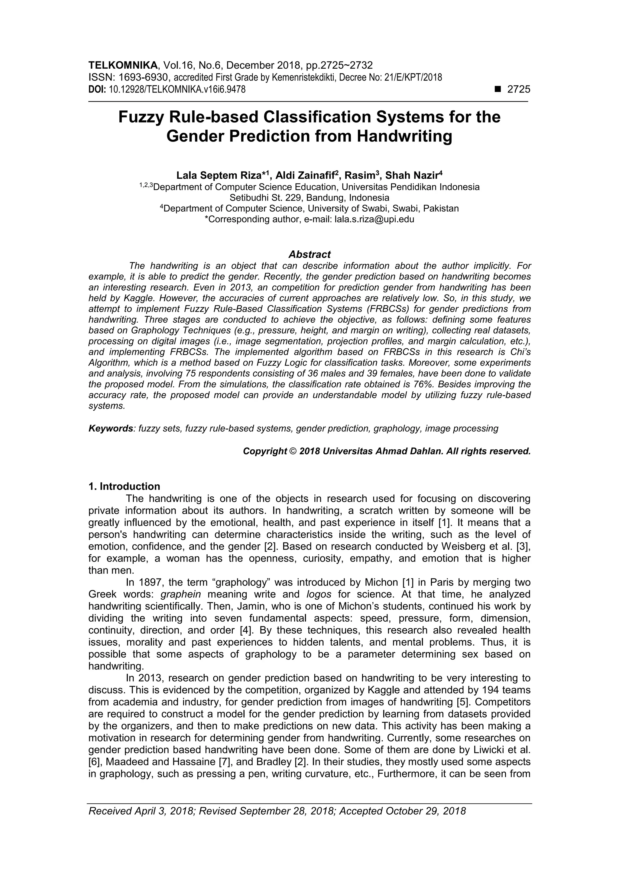 Fuzzy Rule Based Classification Systems For The Gender Prediction From Handwriting Pdf