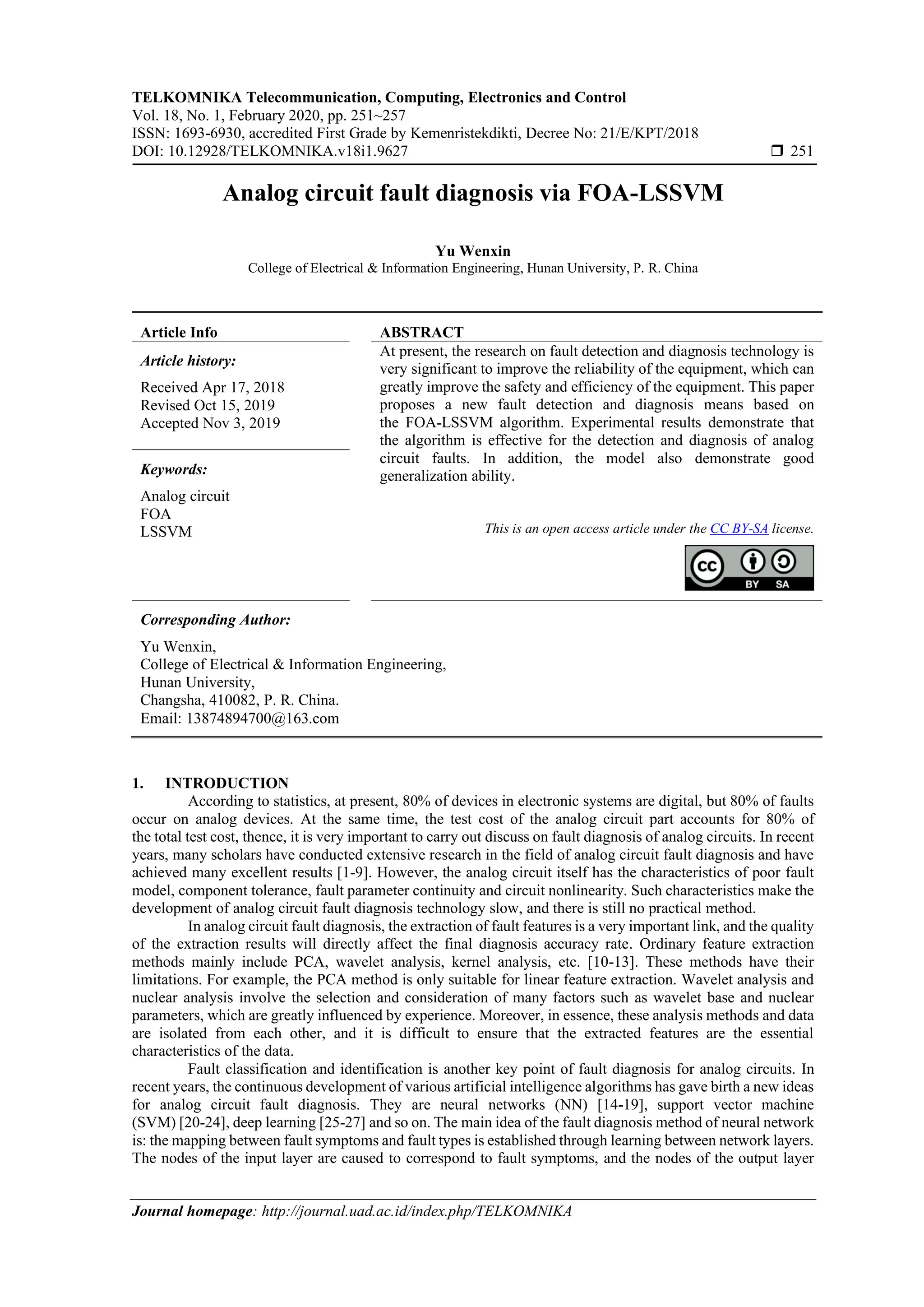 Analog Circuit Fault Diagnosis Via Foa Lssvm Pdf