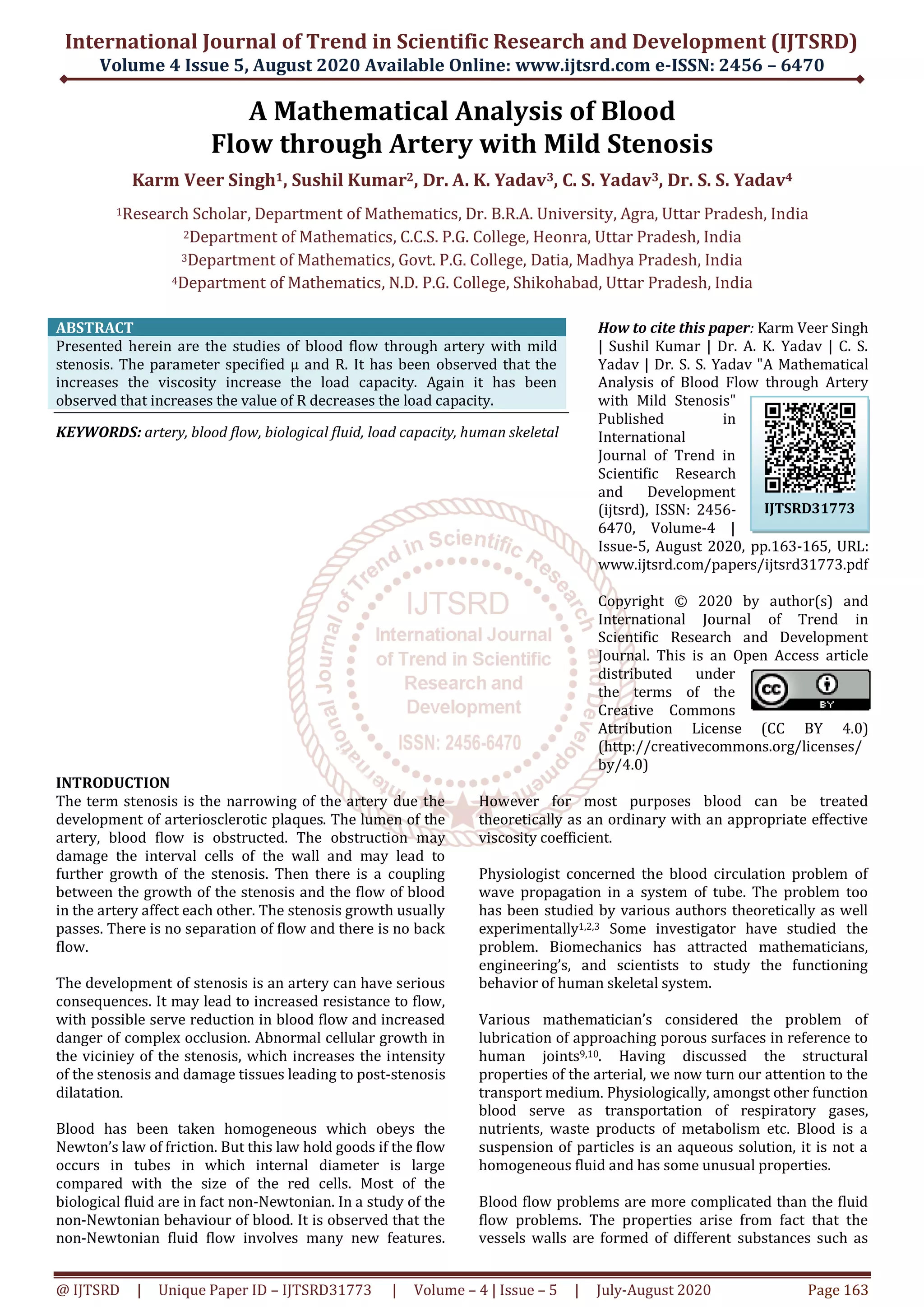 A Mathematical Analysis of Blood Flow through Artery with Mild Stenosis | PDF