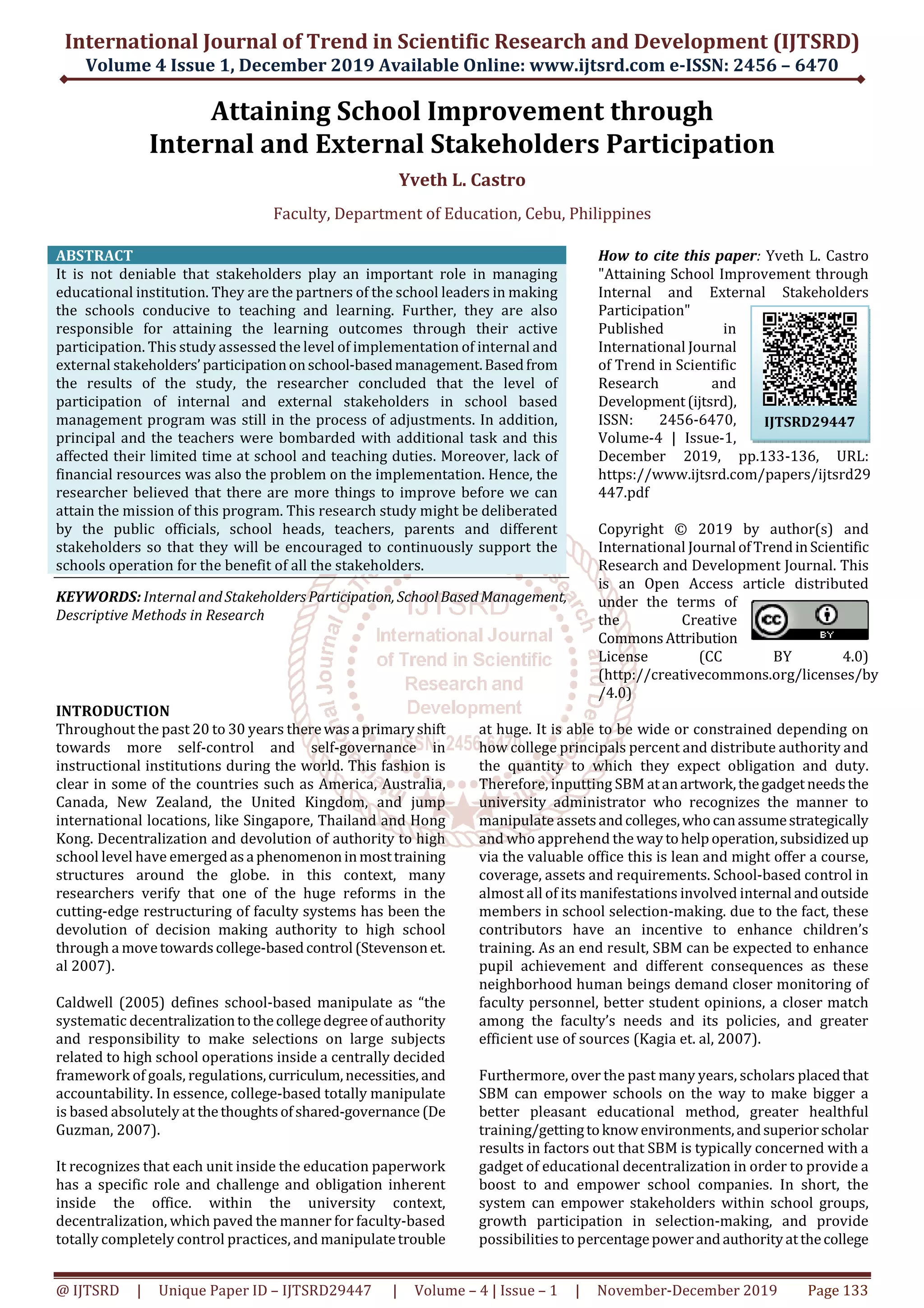 Attaining School Improvement through Internal and External Stakeholders ...