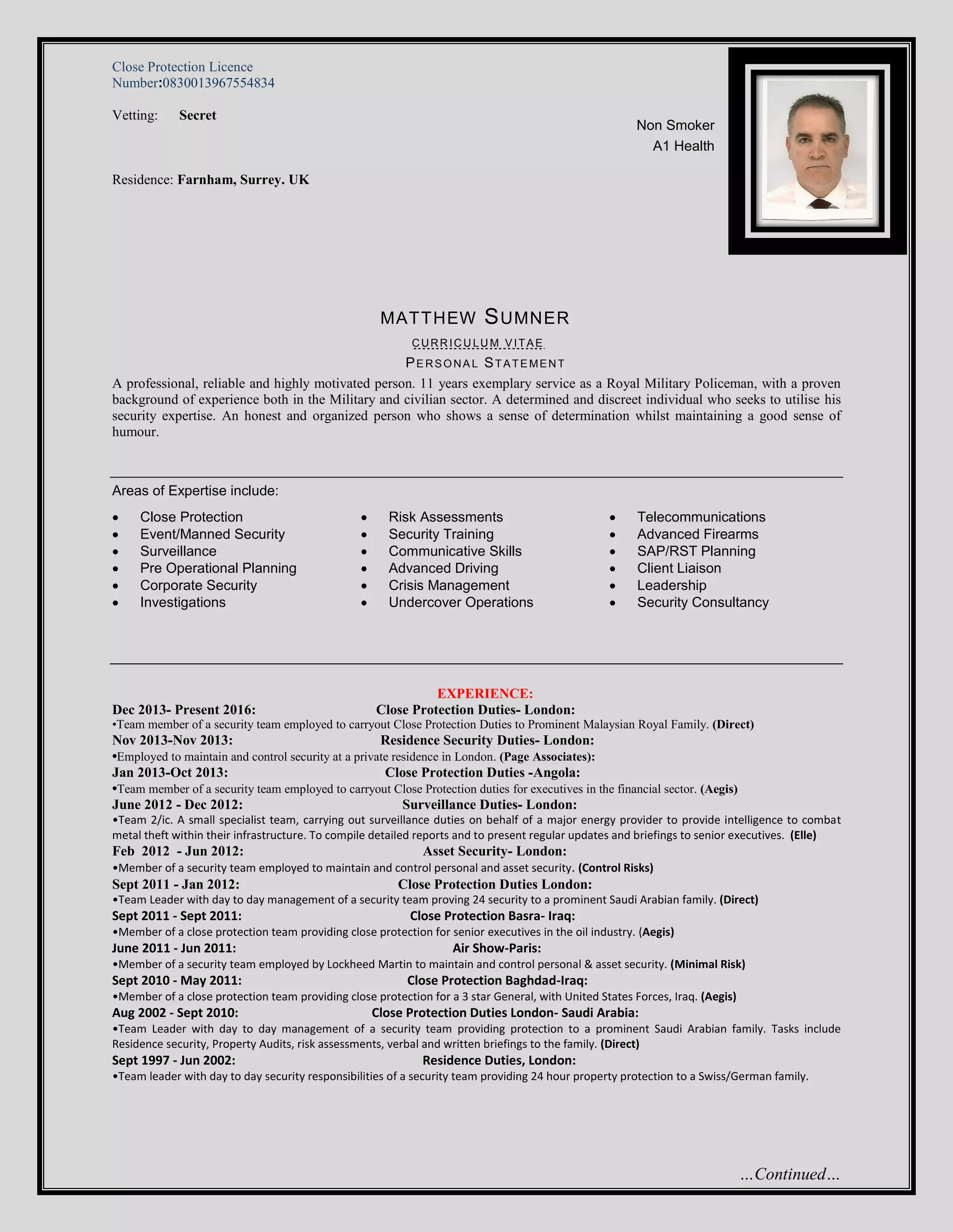 Close protection CV Mat Sumner 33 | PDF | Defense Industry | Industries