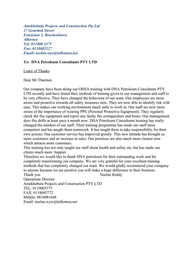 Letter of Thanks Amekhebula Projects and Construction pty ltd | PDF