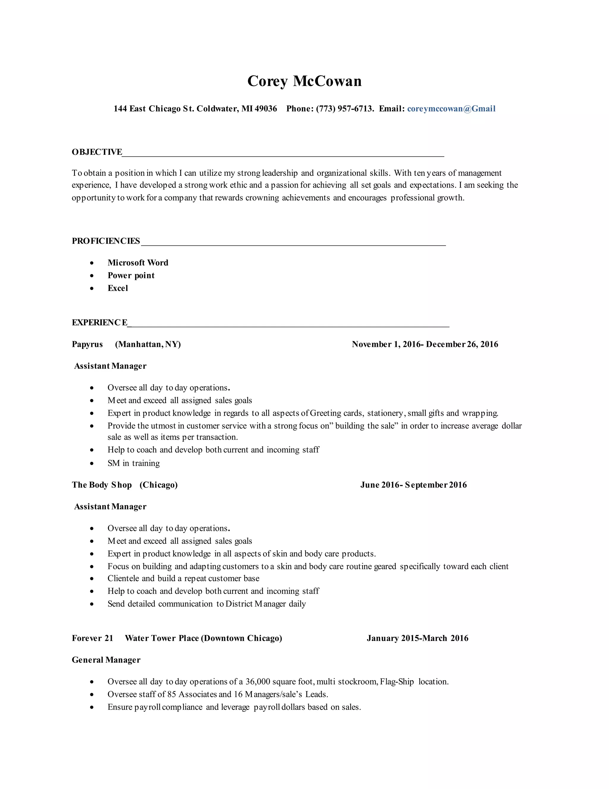 Corey McCowan Retail Resume | DOCX
