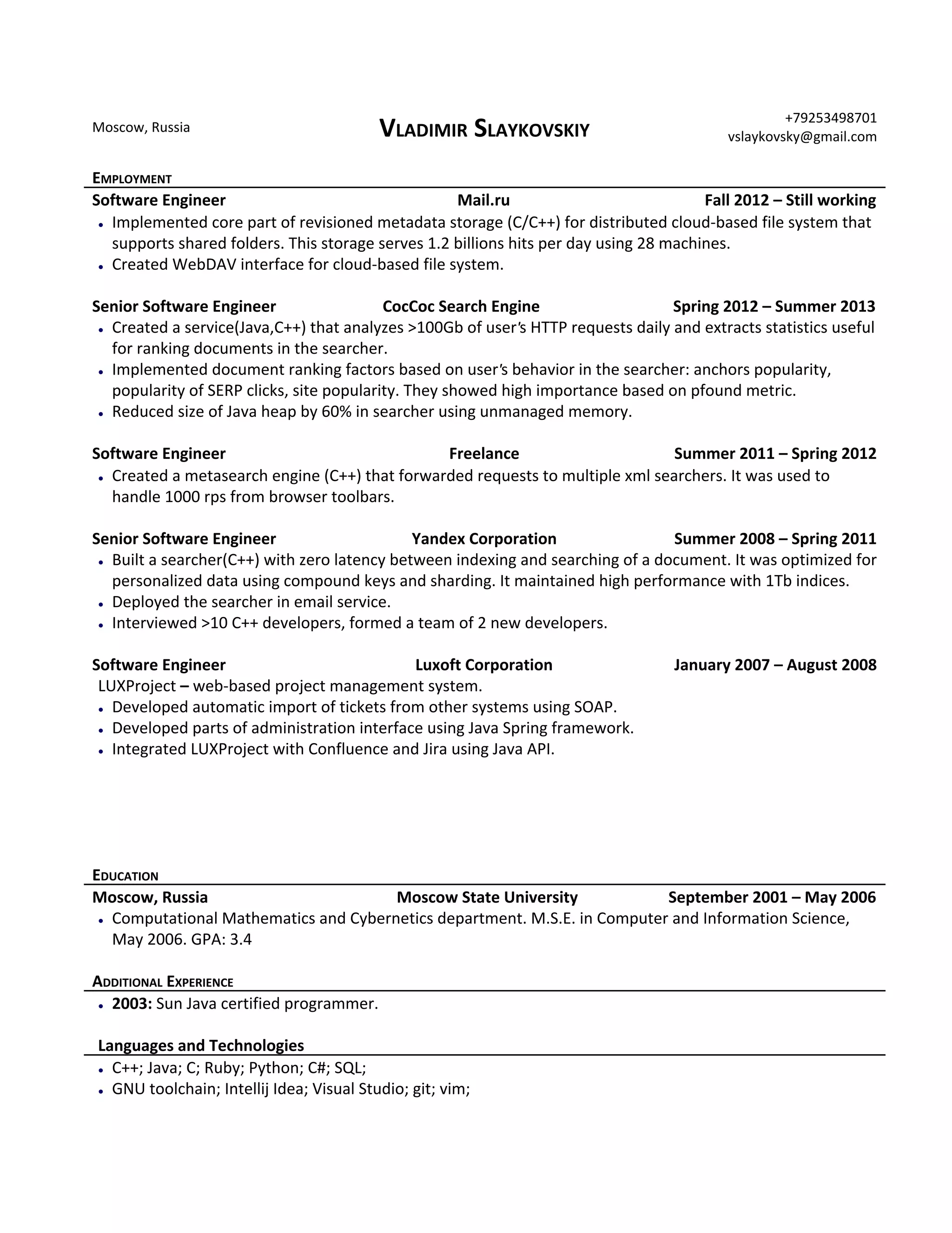 VladimirSlaykovskiy.resume.doc | Programming Languages | Computing