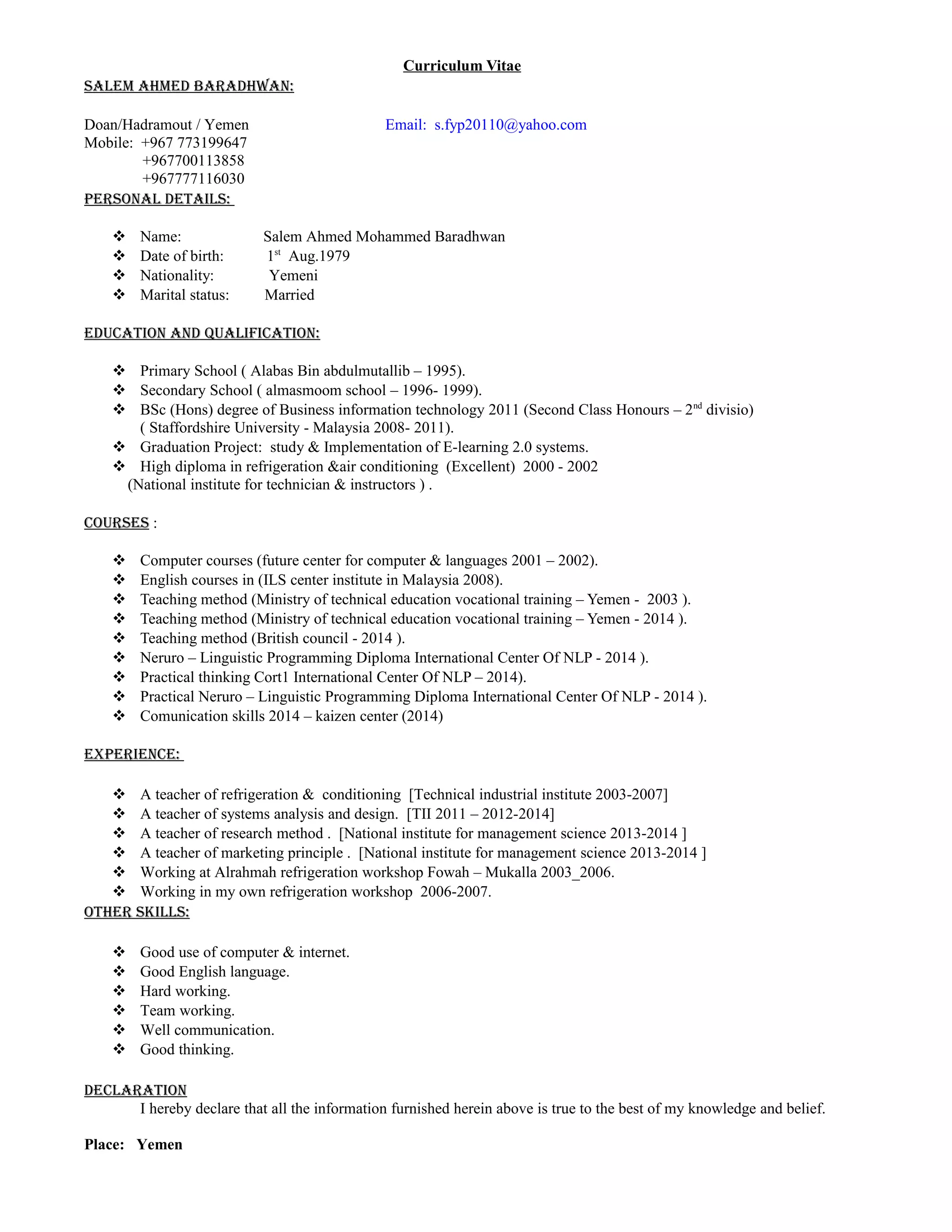 Salem Baredhwan CV | DOC | Education industry | Industries