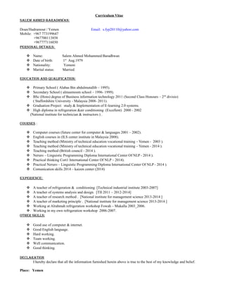 Salem Baredhwan CV | DOC | Education industry | Industries