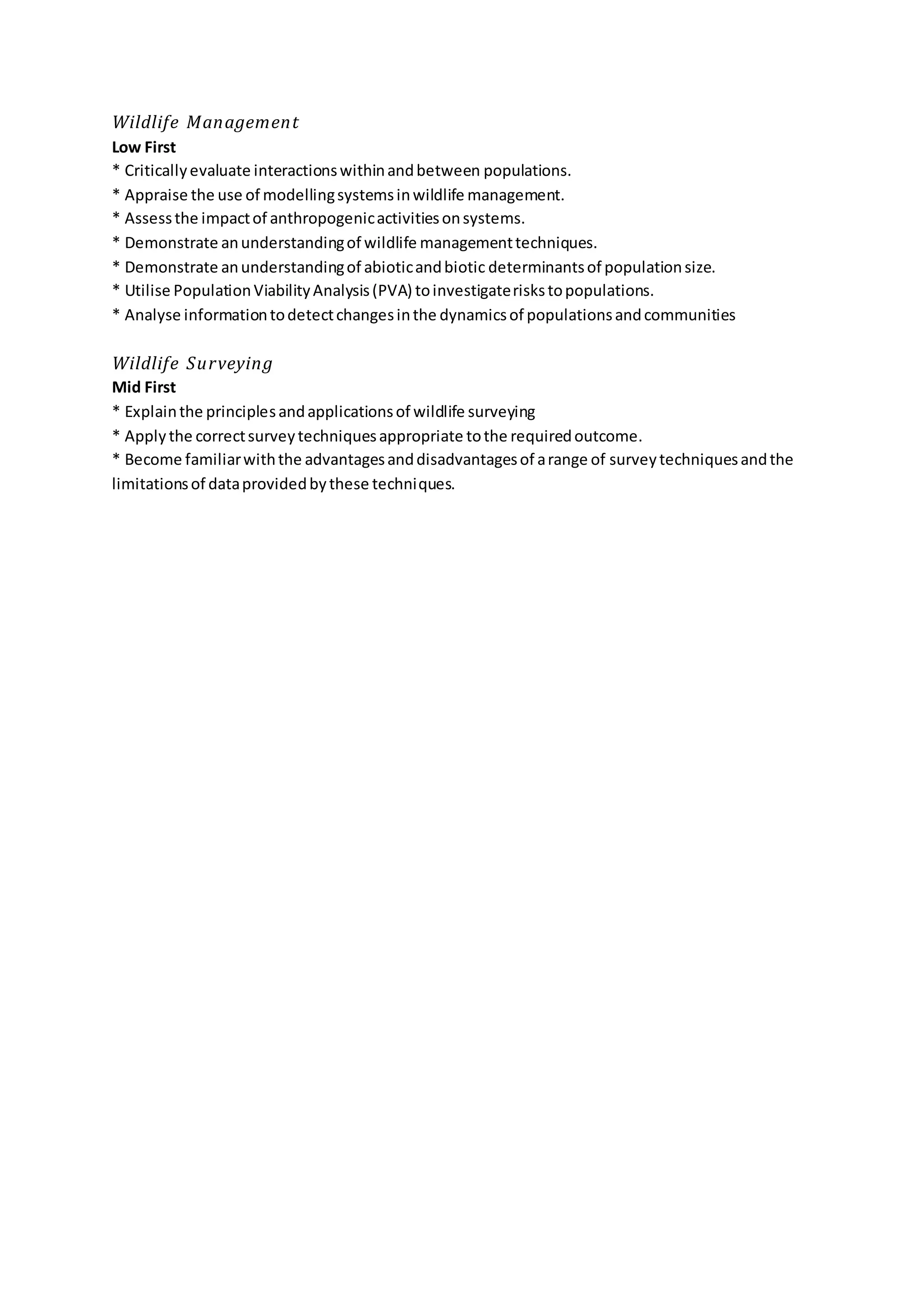 Wildlife Conservation Module Learning Outcomes | DOCX