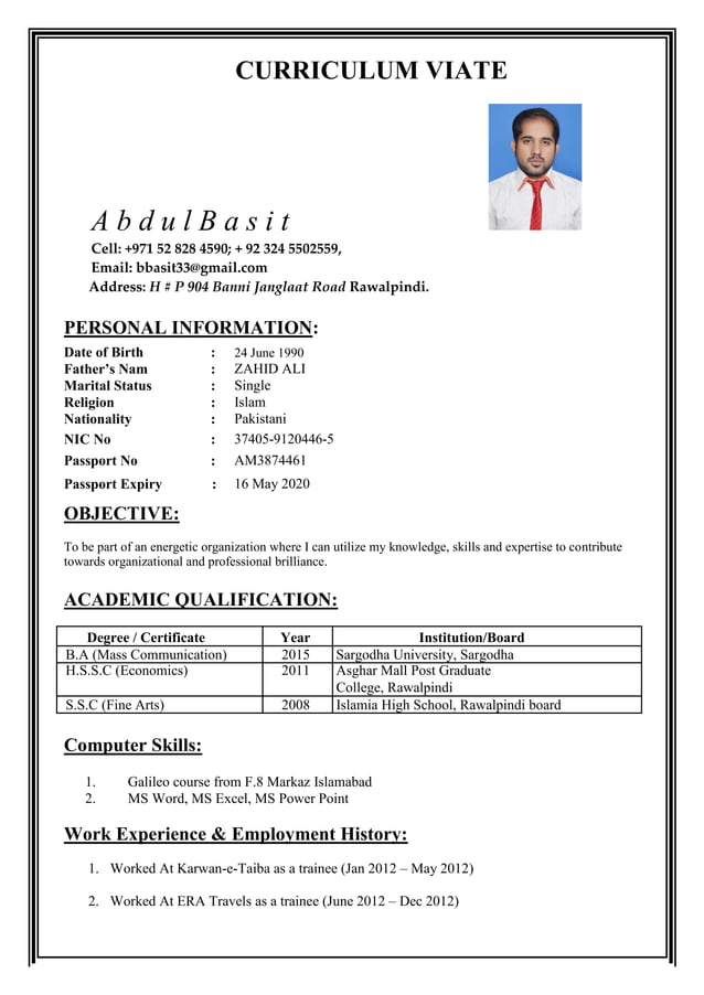 Abdul Basit C.V Jan 2016 | PDF | Air Travel | Travel Type