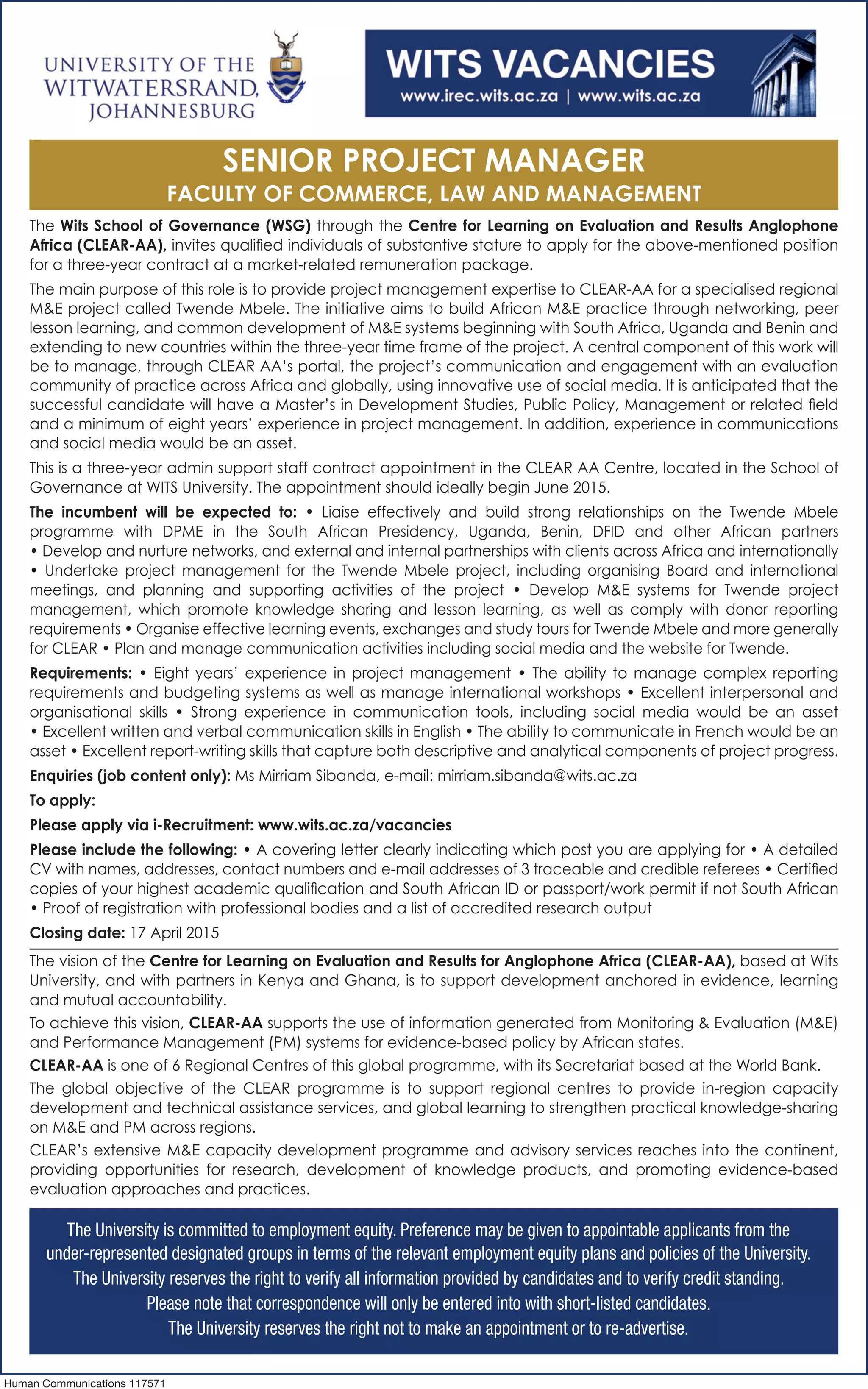 Snr Project Manager - Advert | PDF | Africa Travel | Travel Locations