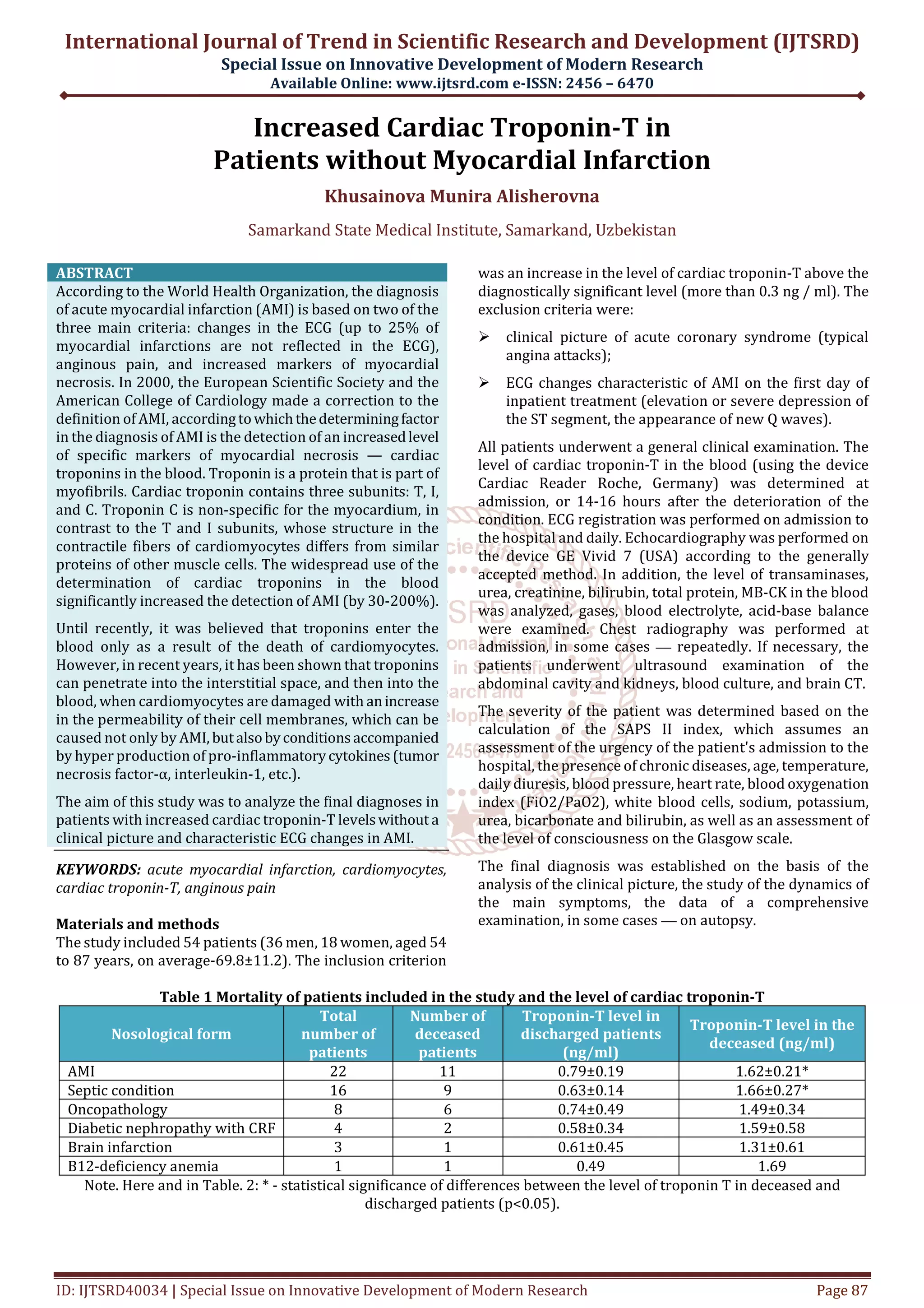 Increased Cardiac Troponin T in Patients without Myocardial Infarction ...