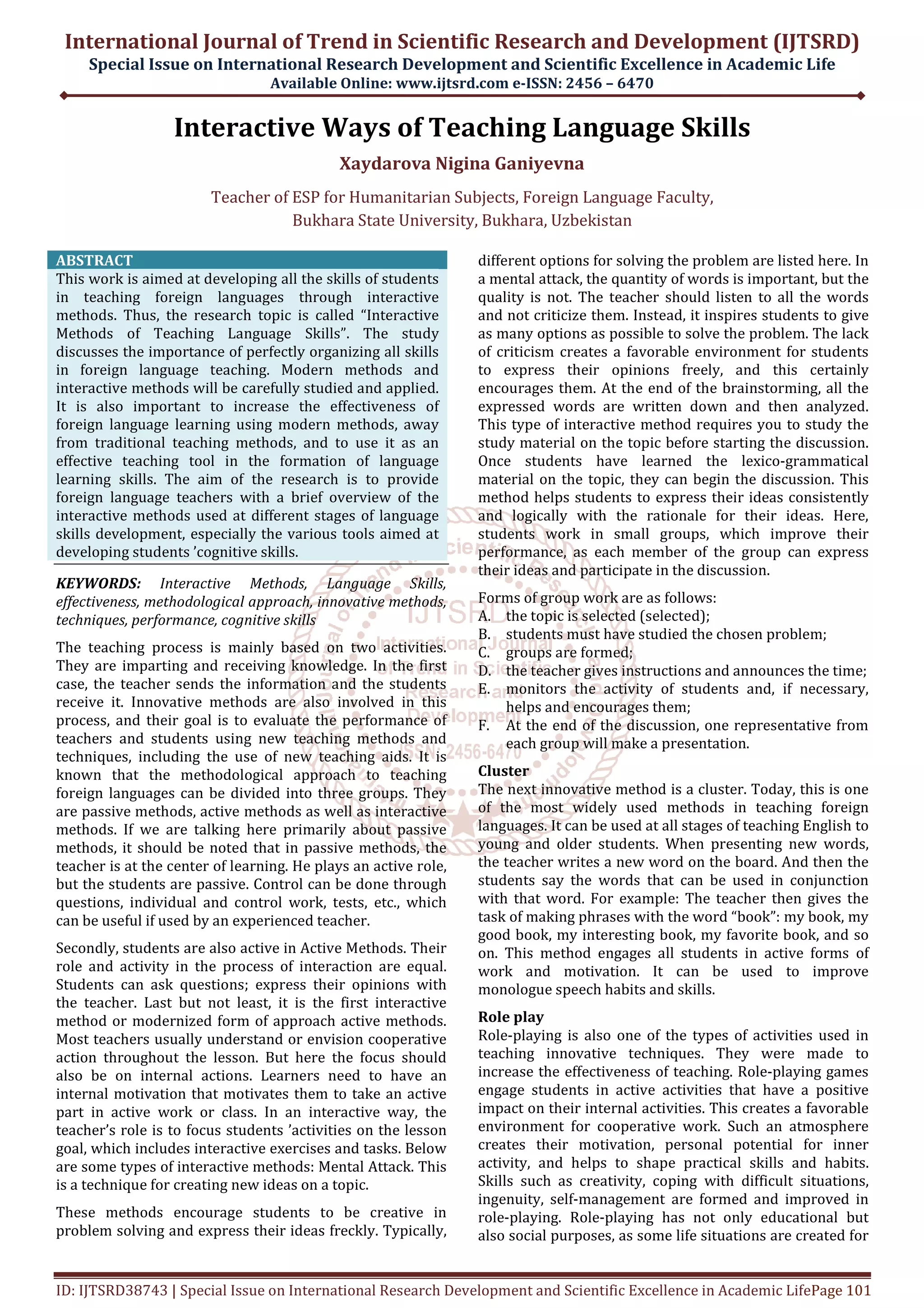 Interactive Ways of Teaching Language Skills | PDF