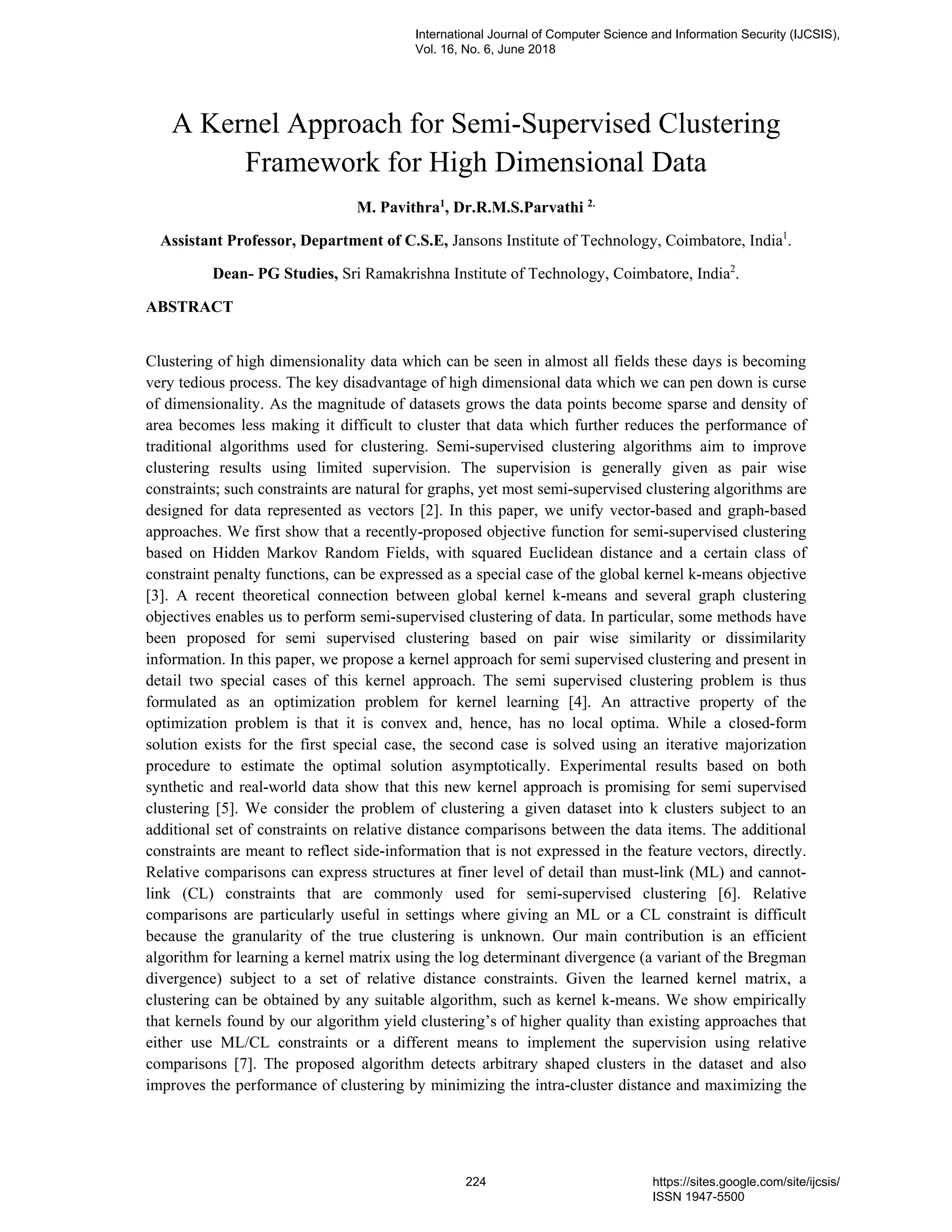 A Kernel Approach For Semi Supervised Clustering Framework For High Dimensional Data Pdf 5918