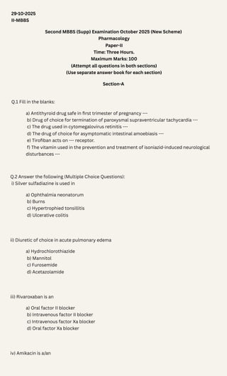 RUHS II MBBS Pharmacology Paper-II with Answer Key | 29th October 2025 ...