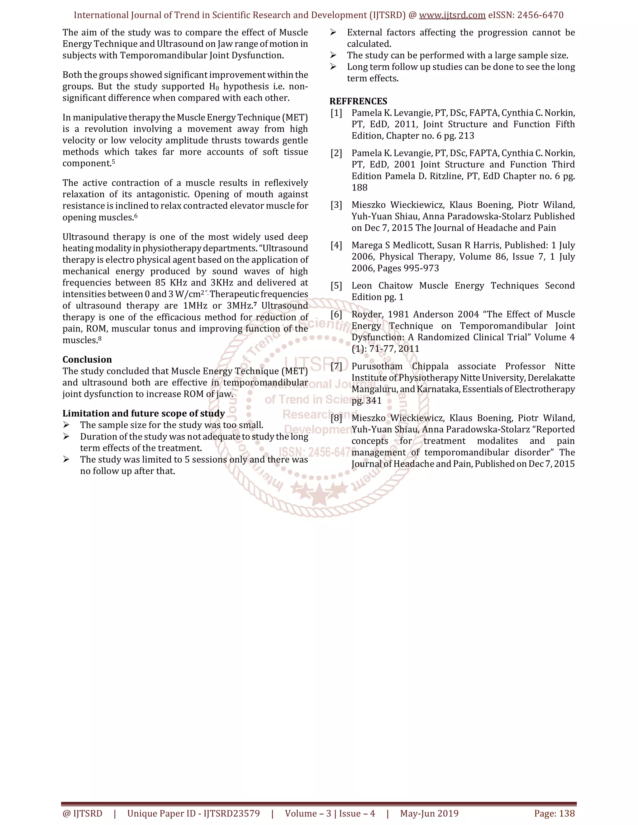 To Compare the Effect of Muscle Energy Technique and Ultrasound on Jaw ...