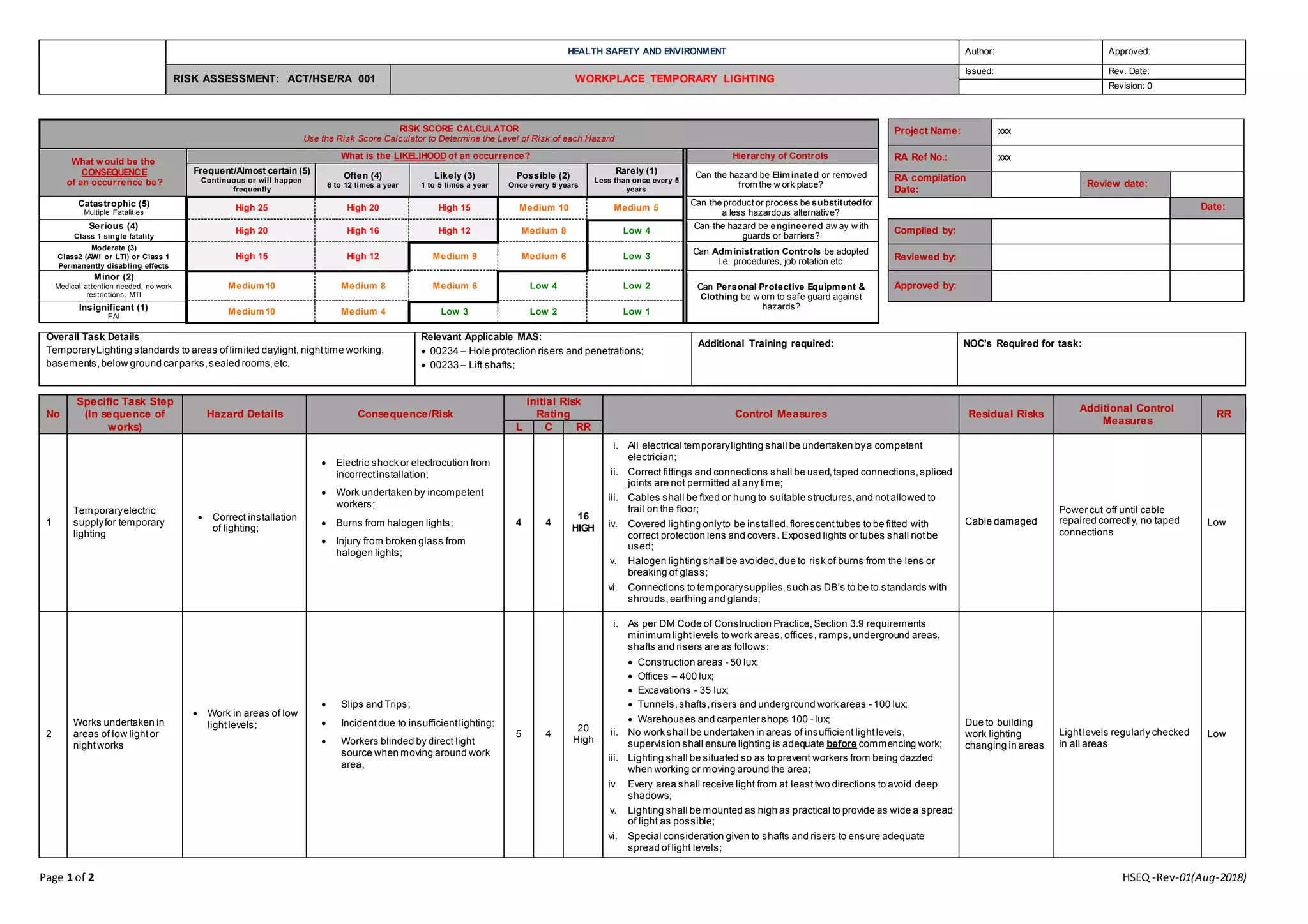 29 workplace temporary lighting risk assessment templates | DOCX