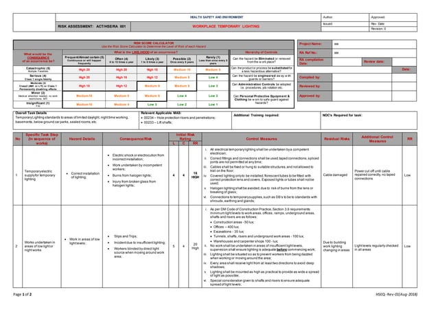 29 workplace temporary lighting risk assessment templates | DOCX