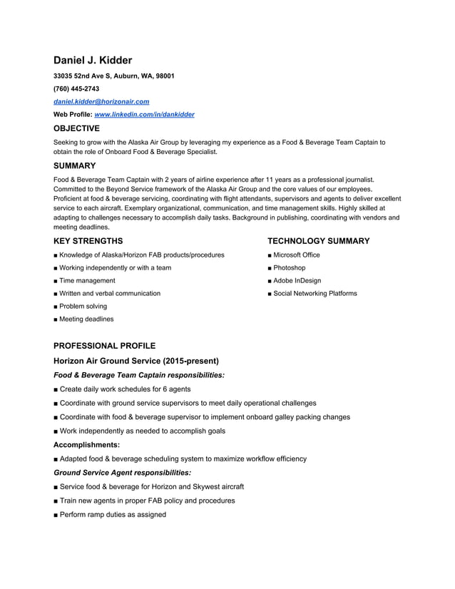 Dan Kidder resume 2017 | PDF | Air Travel | Travel Type