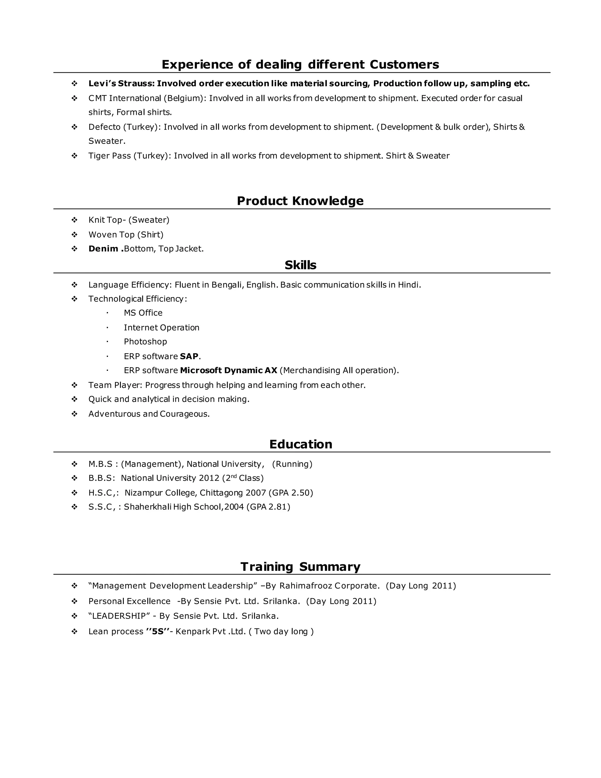 Resume of Sk Md Abdul Ali (Rony) | DOCX | Apparel Industry | Industries