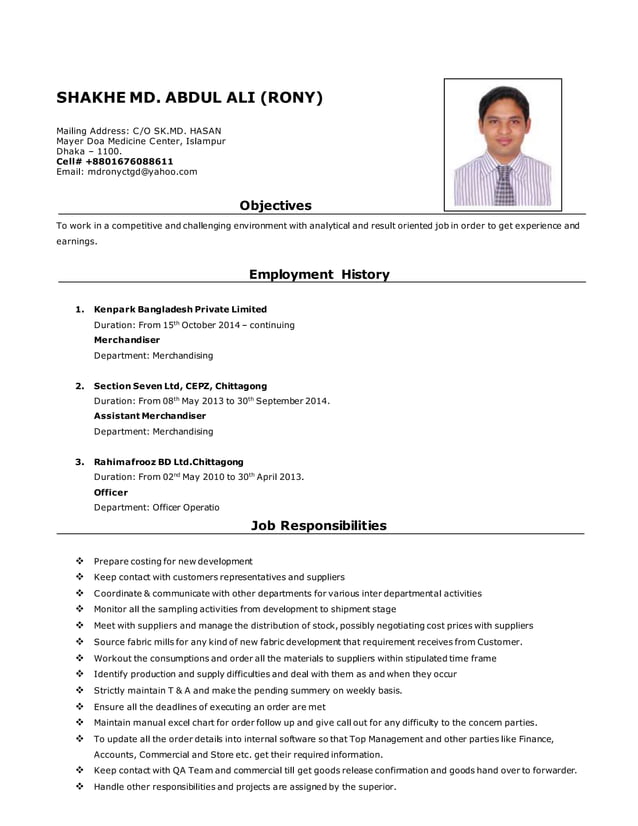 Resume of Sk Md Abdul Ali (Rony) | DOCX | Apparel Industry | Industries