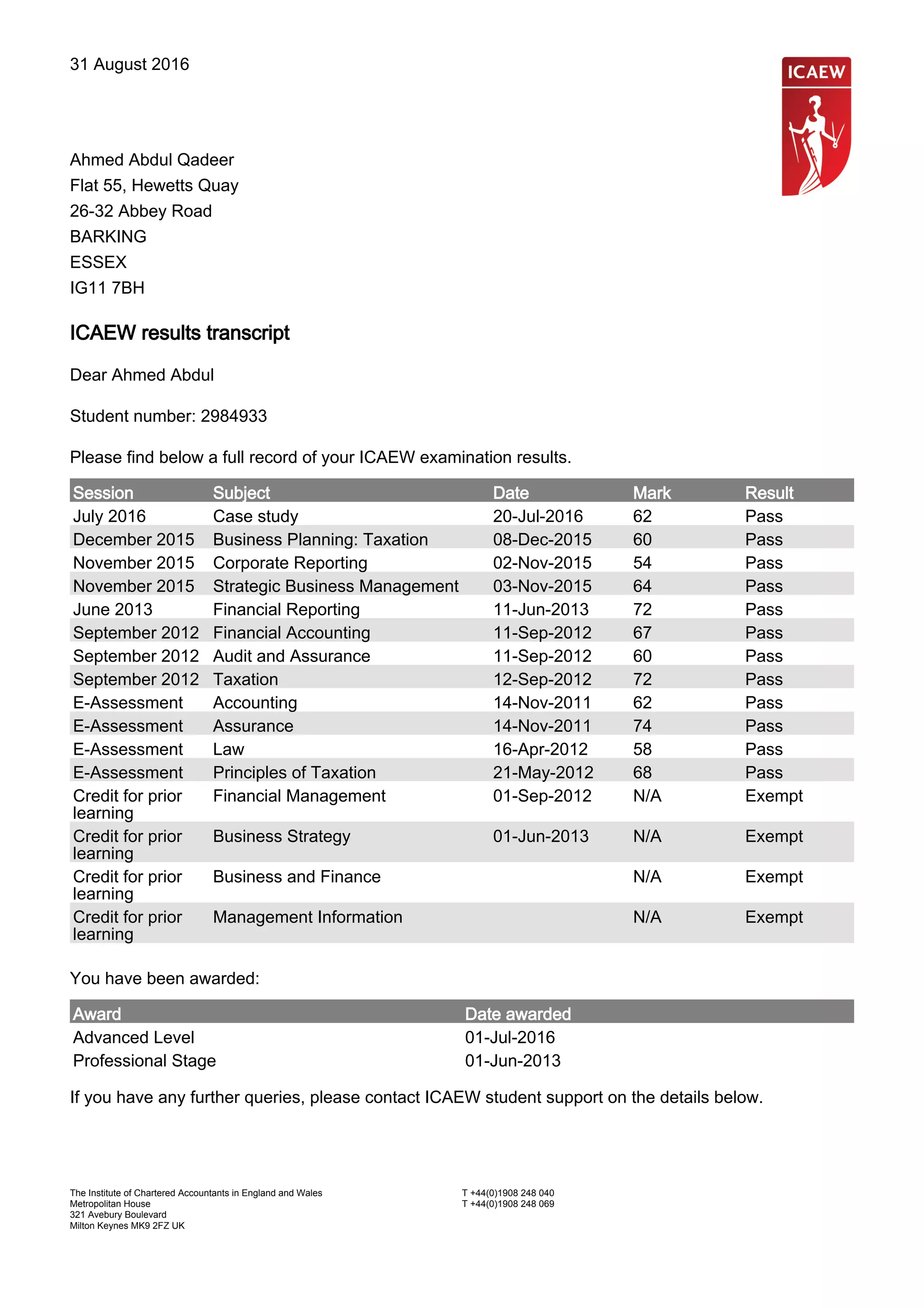 ICAEW_MyExamsTranscript | PDF