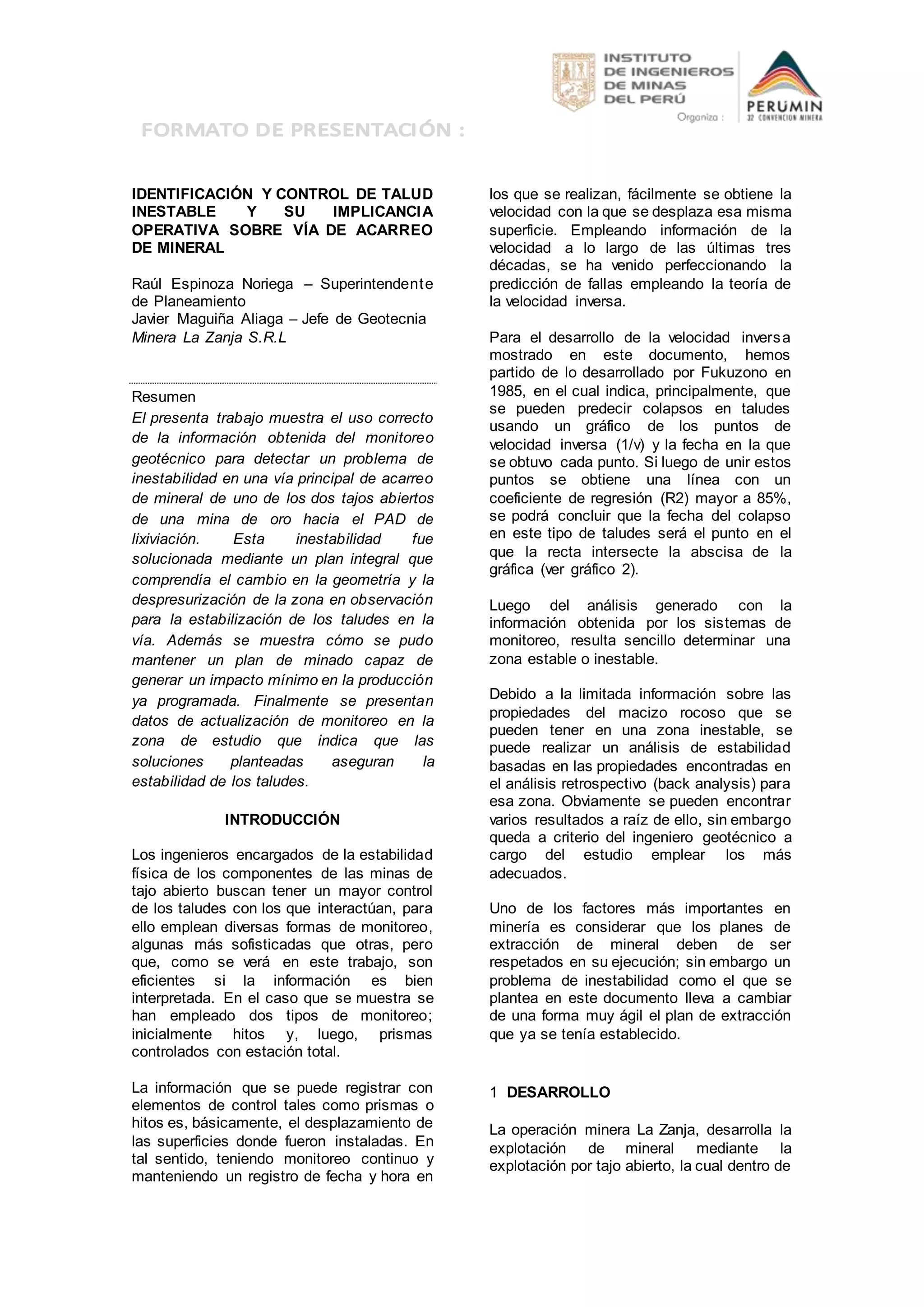 Perumin 2015_La Zanja_IDENTIFICACIÓN Y CONTROL DE TALUD INESTABLE | DOCX