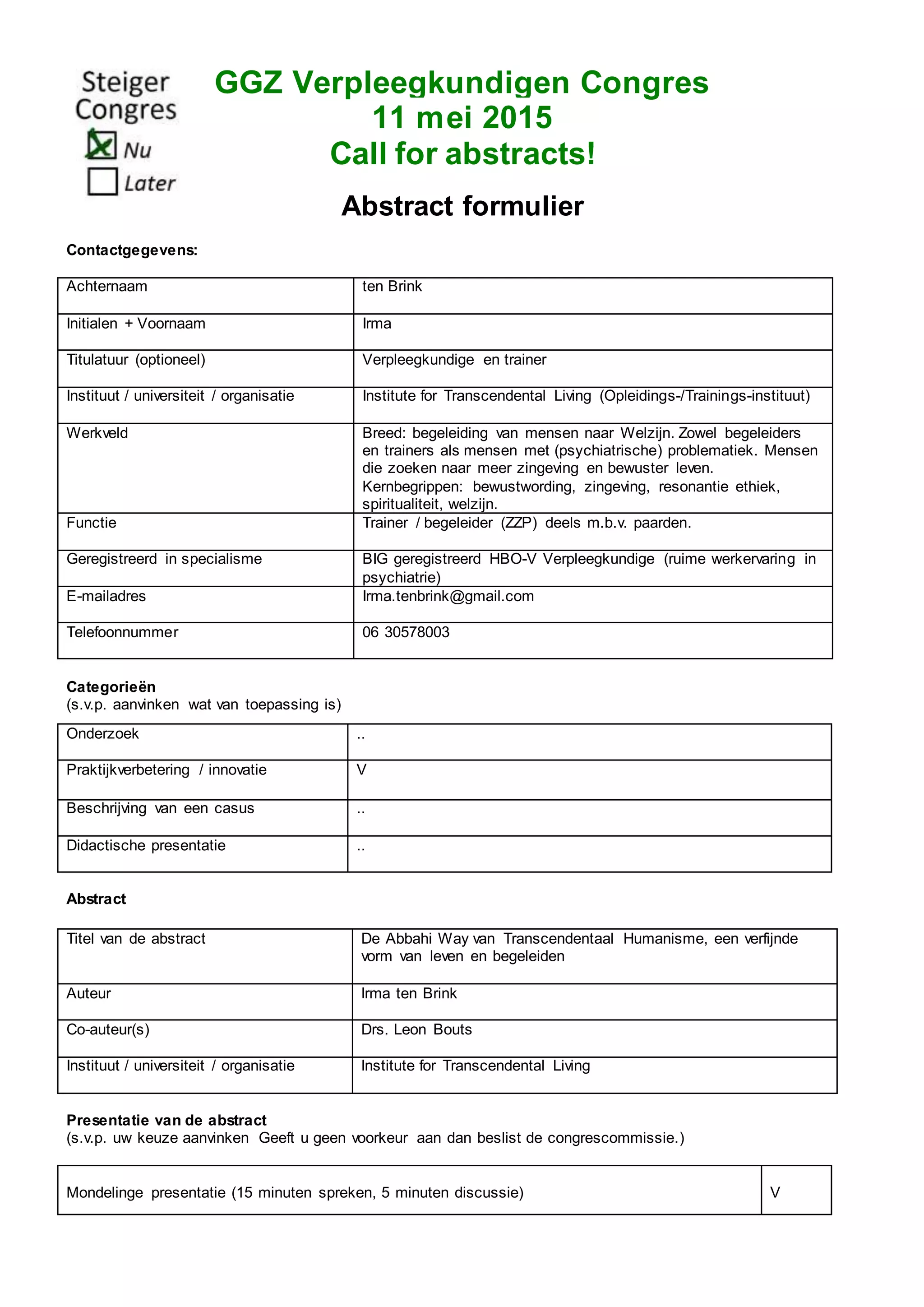 steiger congres 2015 - call for abstract formulier | PDF