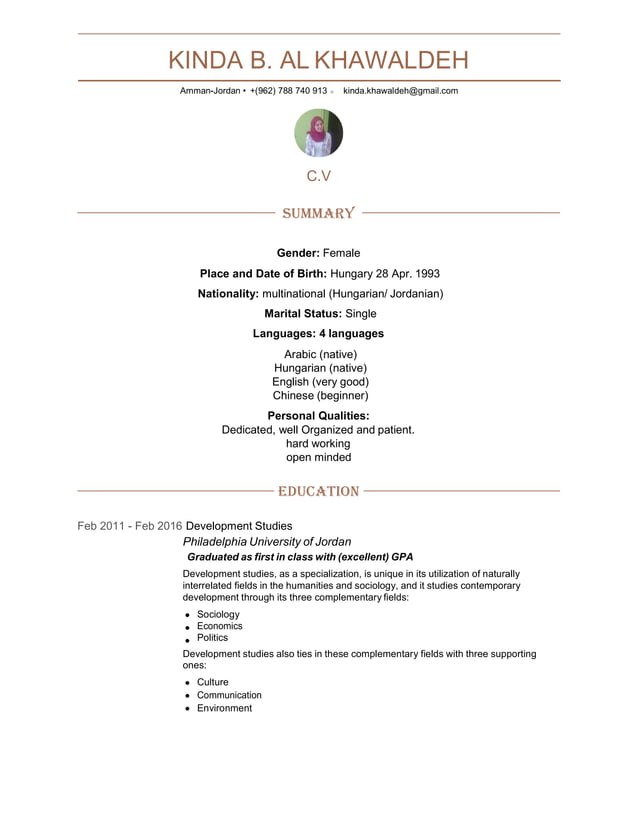 Kinda_B. Al-Khawaldeh CV Jun.2016 | Undergraduate Education | College Education