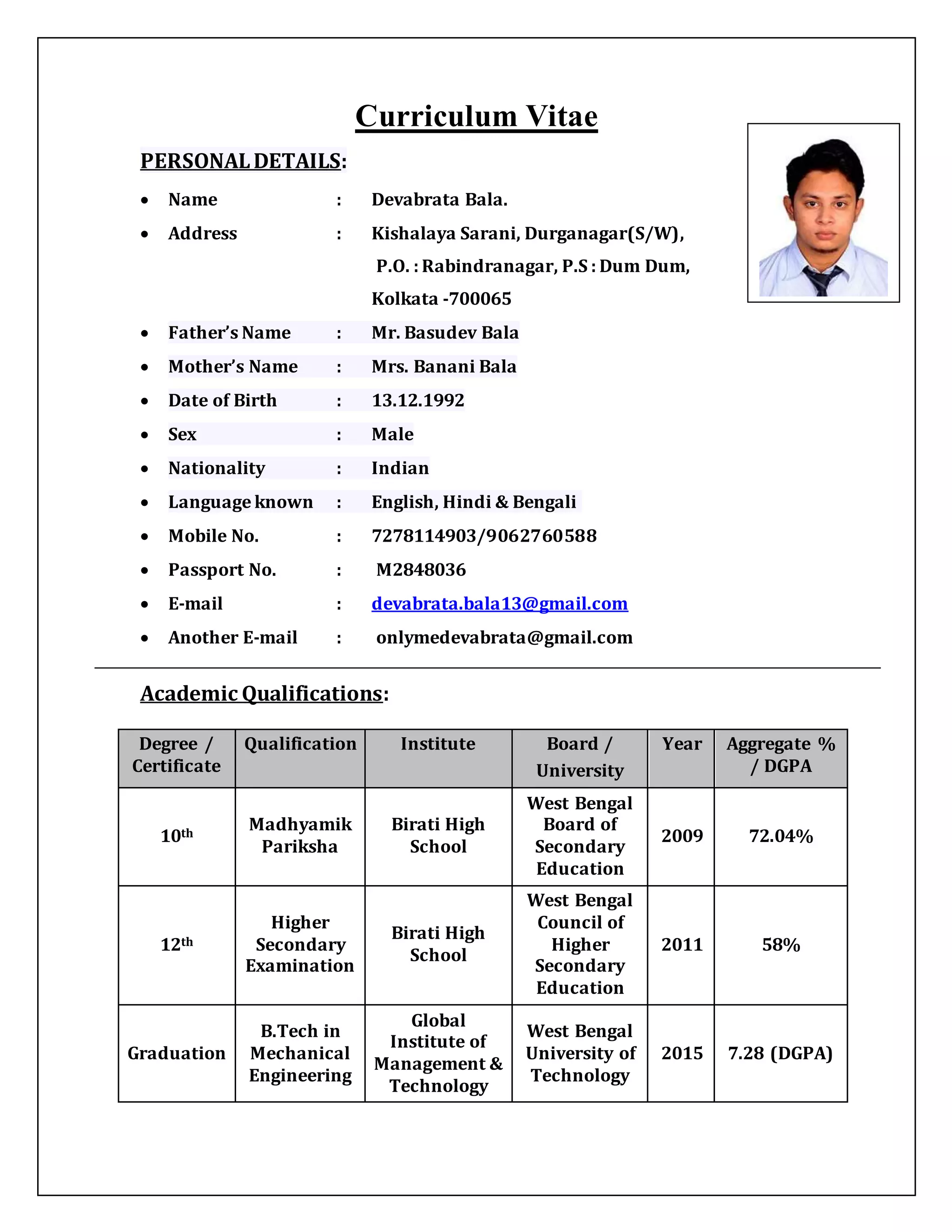 CV of Devabrata Bala | DOCX | Vocational Training | Careers