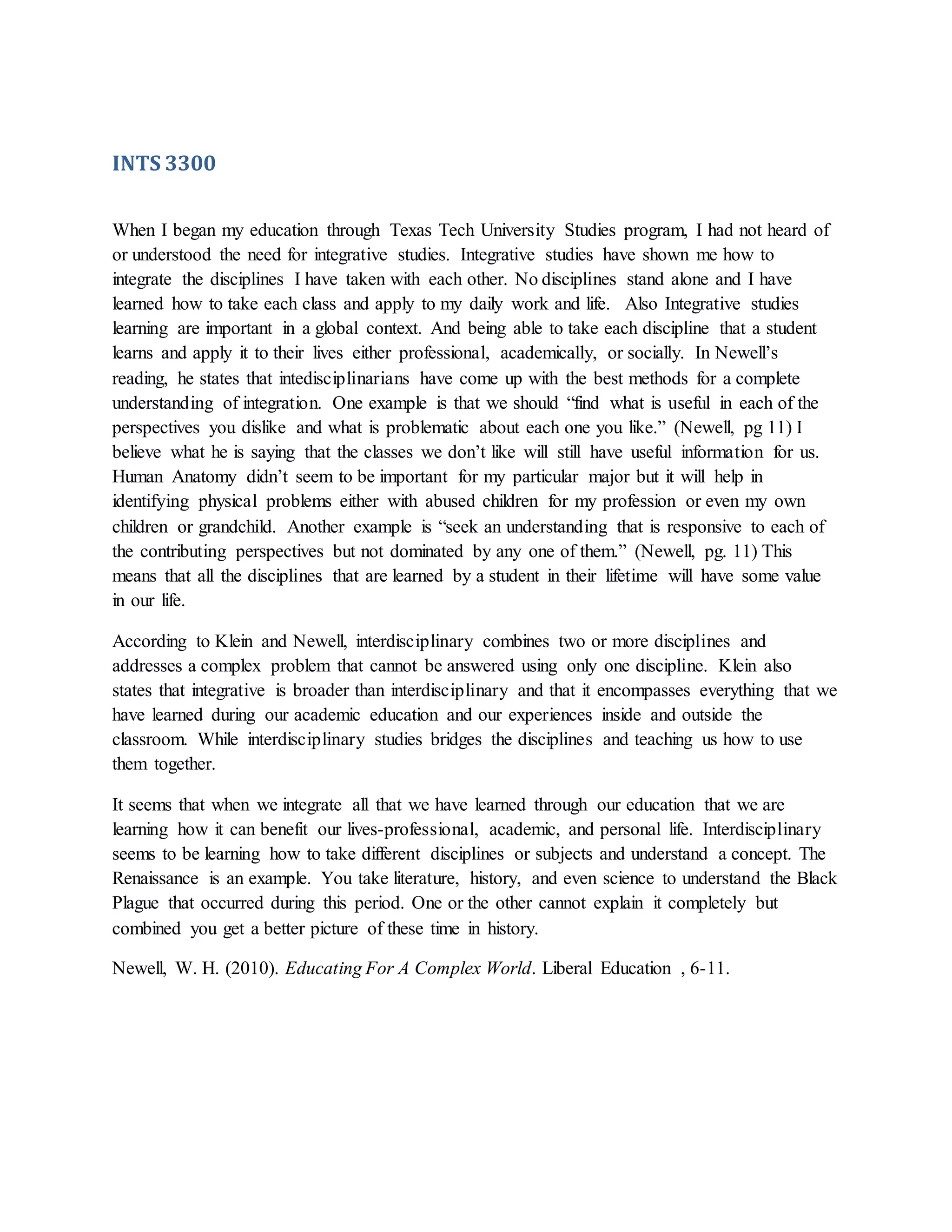 INTS 3300 Class | DOCX | Undergraduate Education | College Education