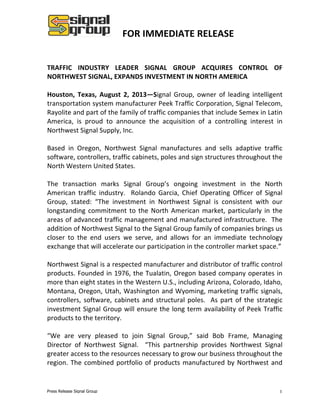 Signal Group Aquires Northwest Siganl | PDF | Mergers and Acquisitions ...