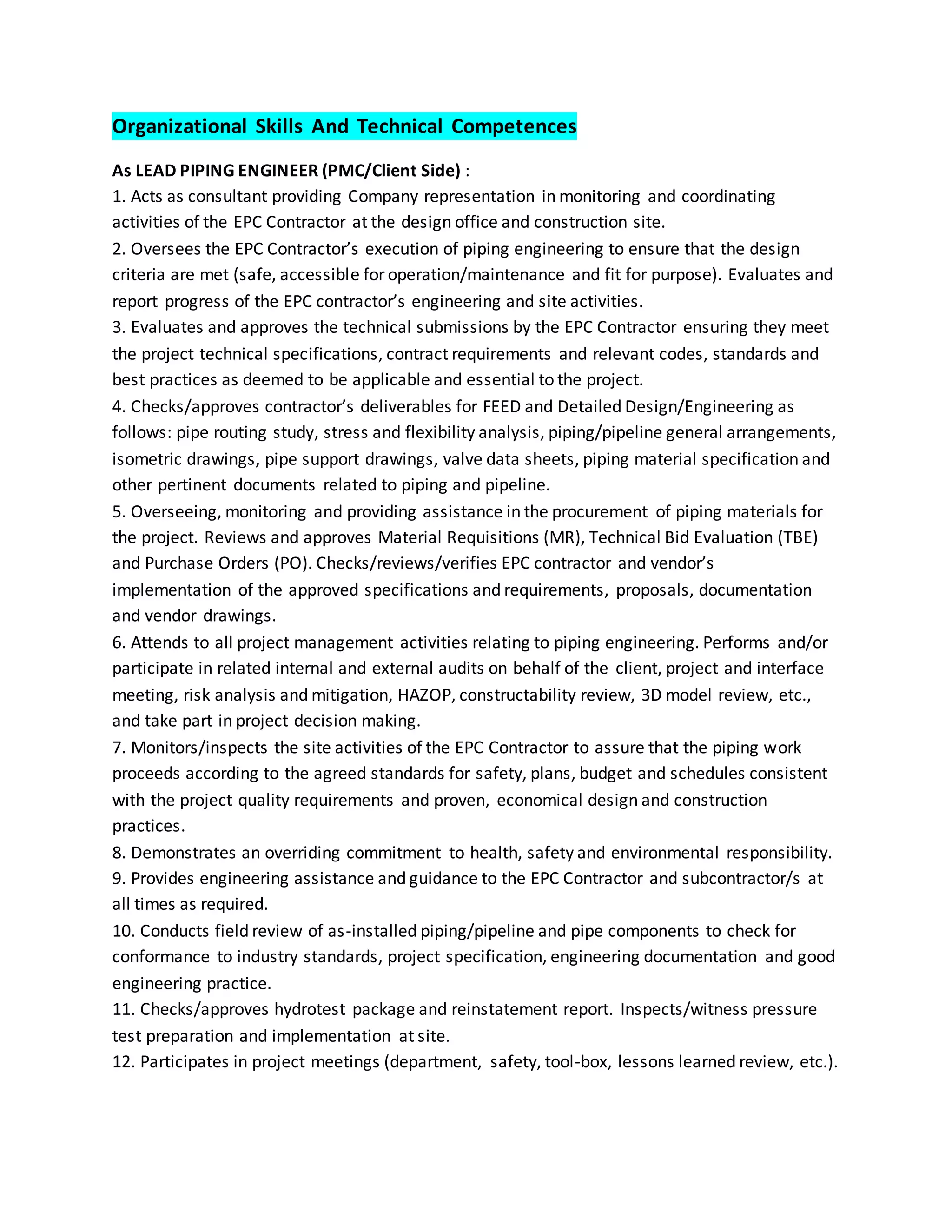 Organizational Skills And Technical Competences as LEAD PIPING ENGINEER ...