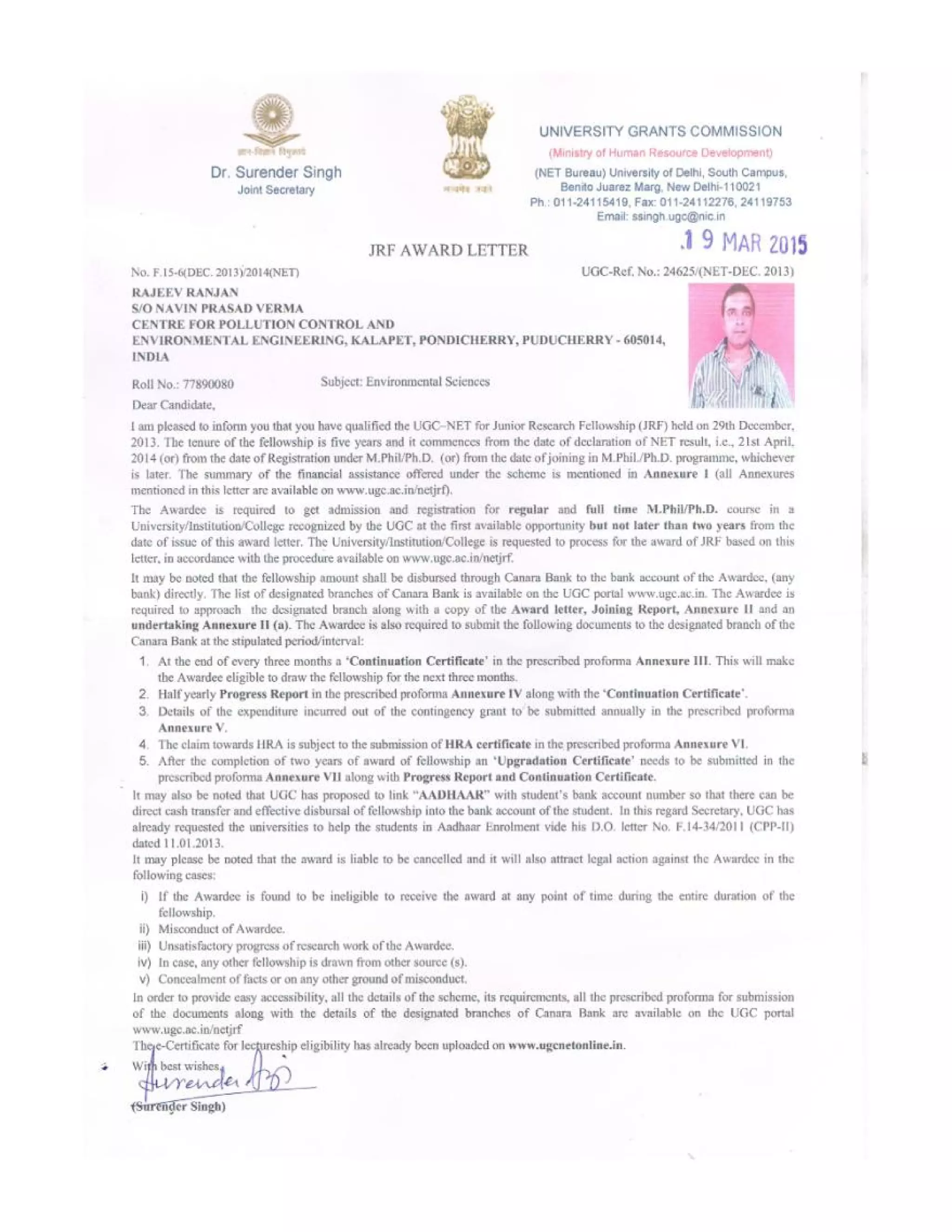 JRF Award Letter | PDF