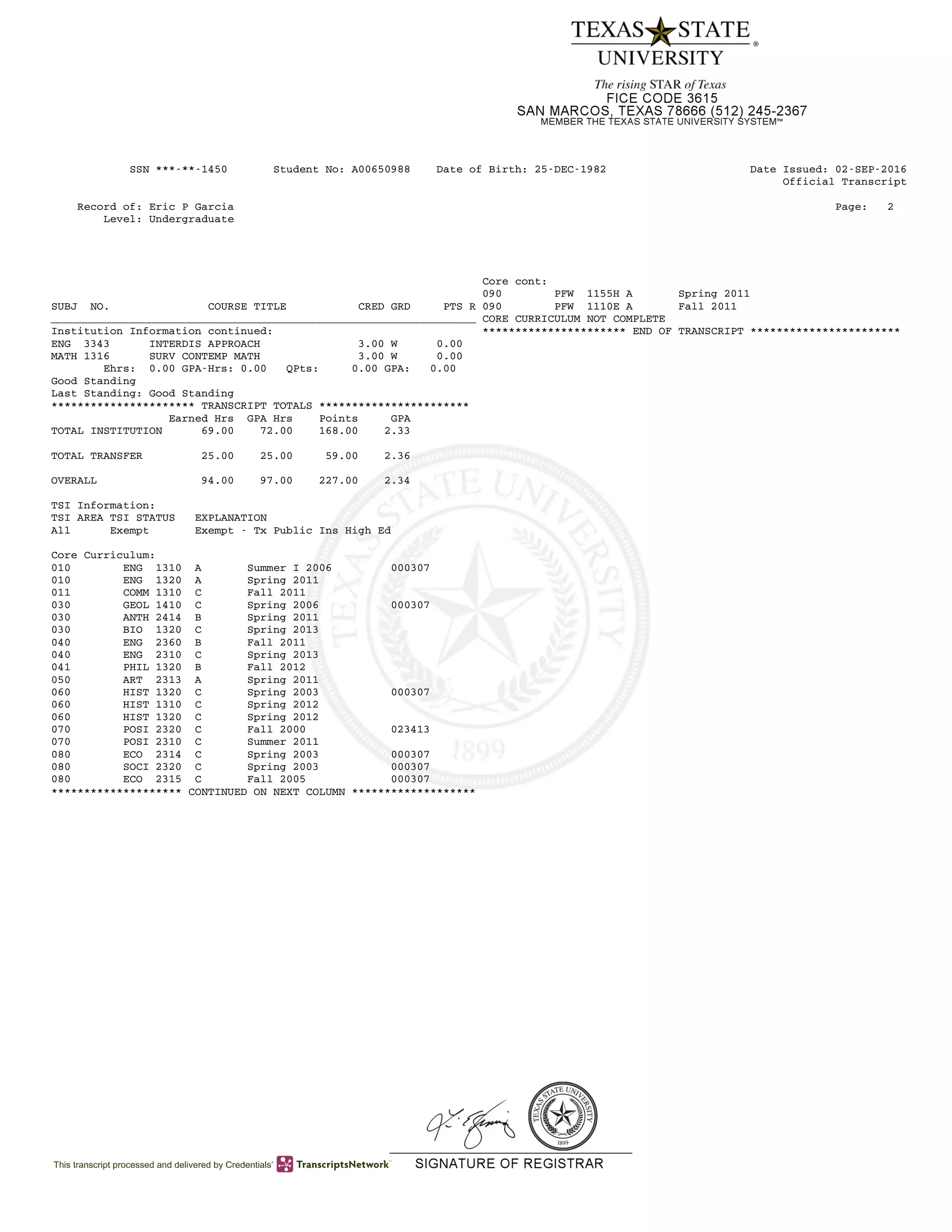 Texas State Transcript | PDF