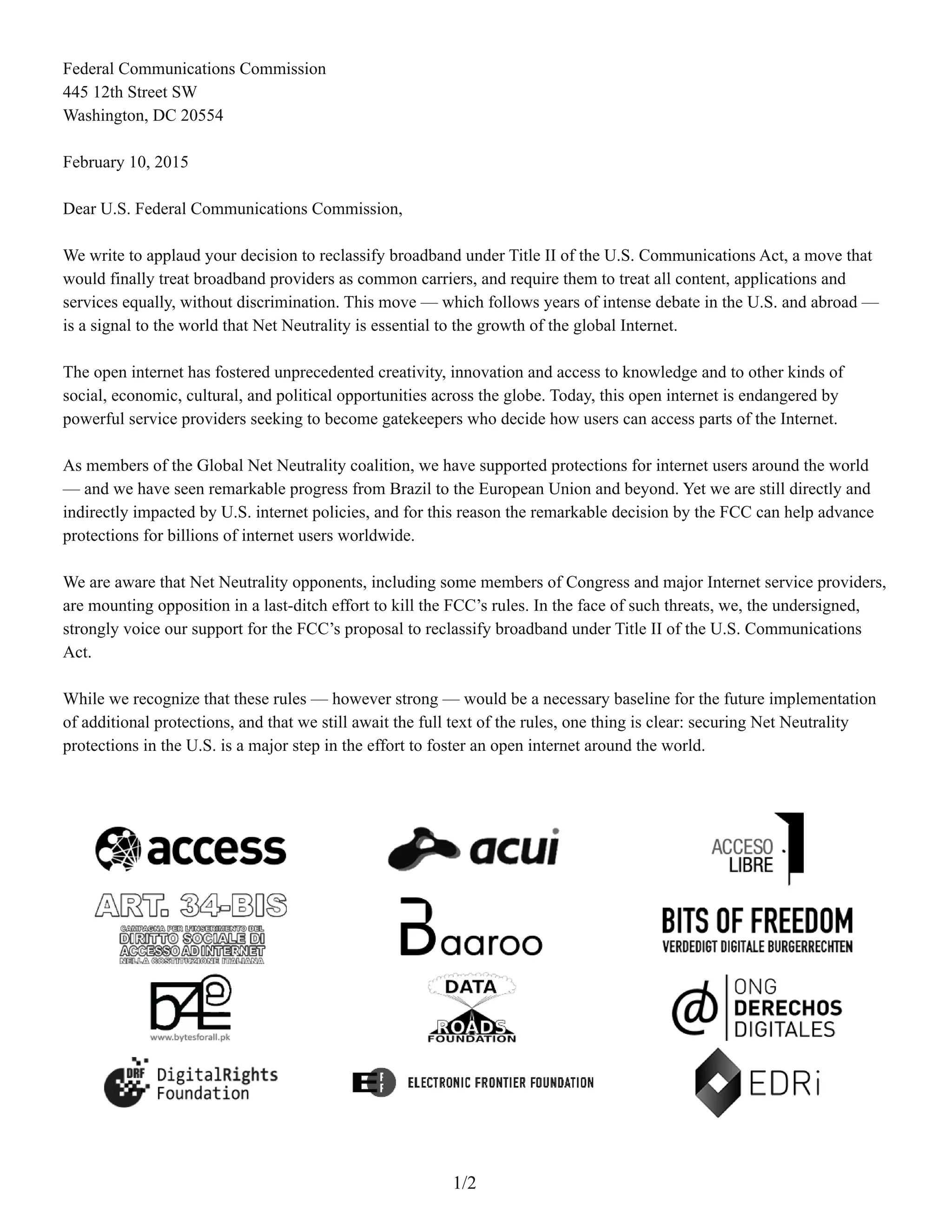 Letter to FCC | PDF | Politics