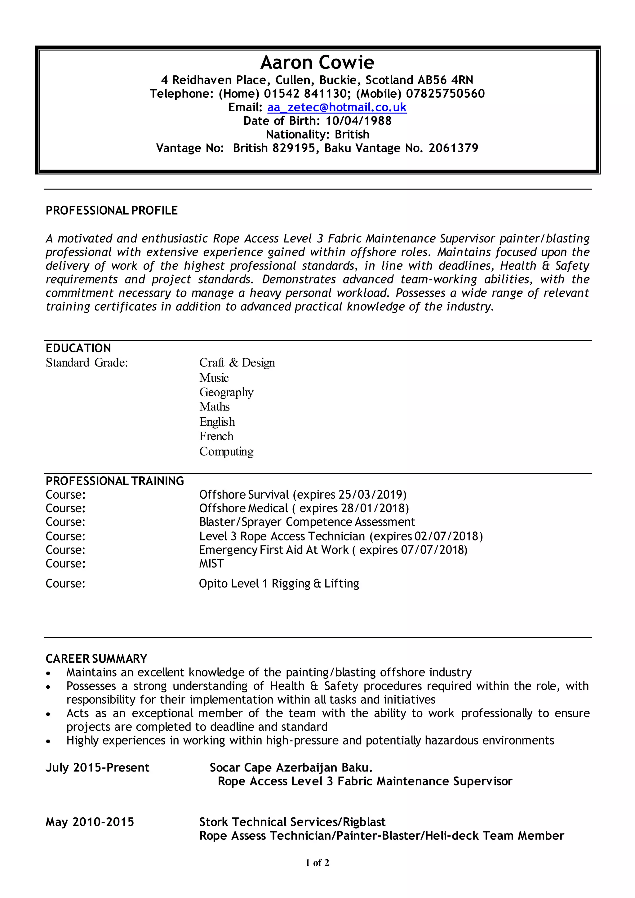 Aaron Cowie CV | DOCX | Sailing | Sports