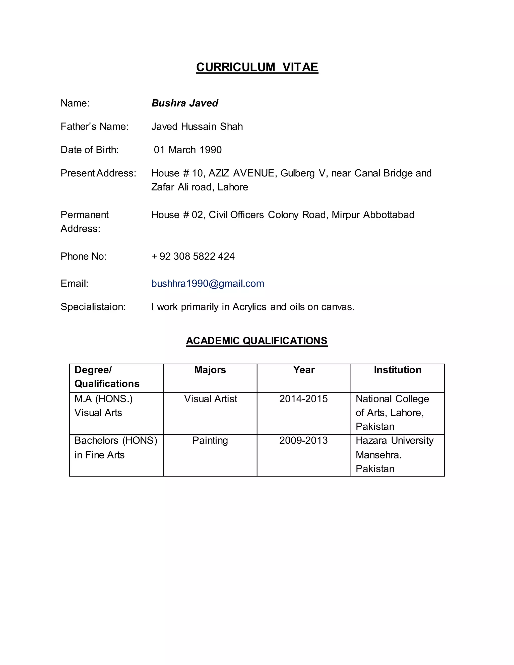BUSHRA JAVED cv | DOCX