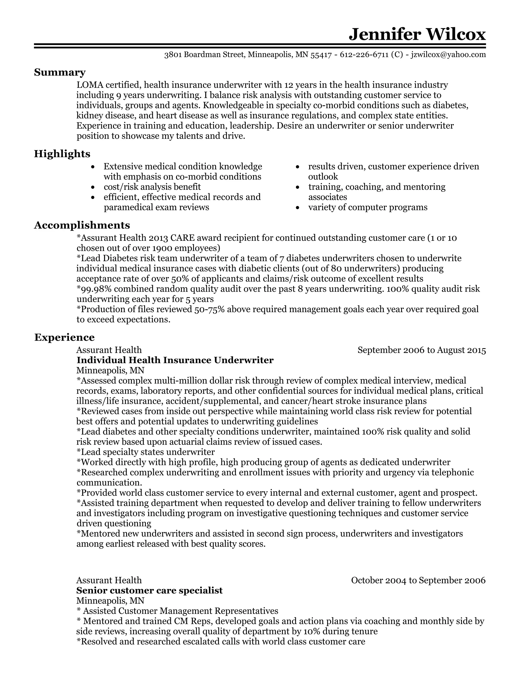 Jennifer Wilcox Resume 2 | DOCX | Health Insurance | Insurance