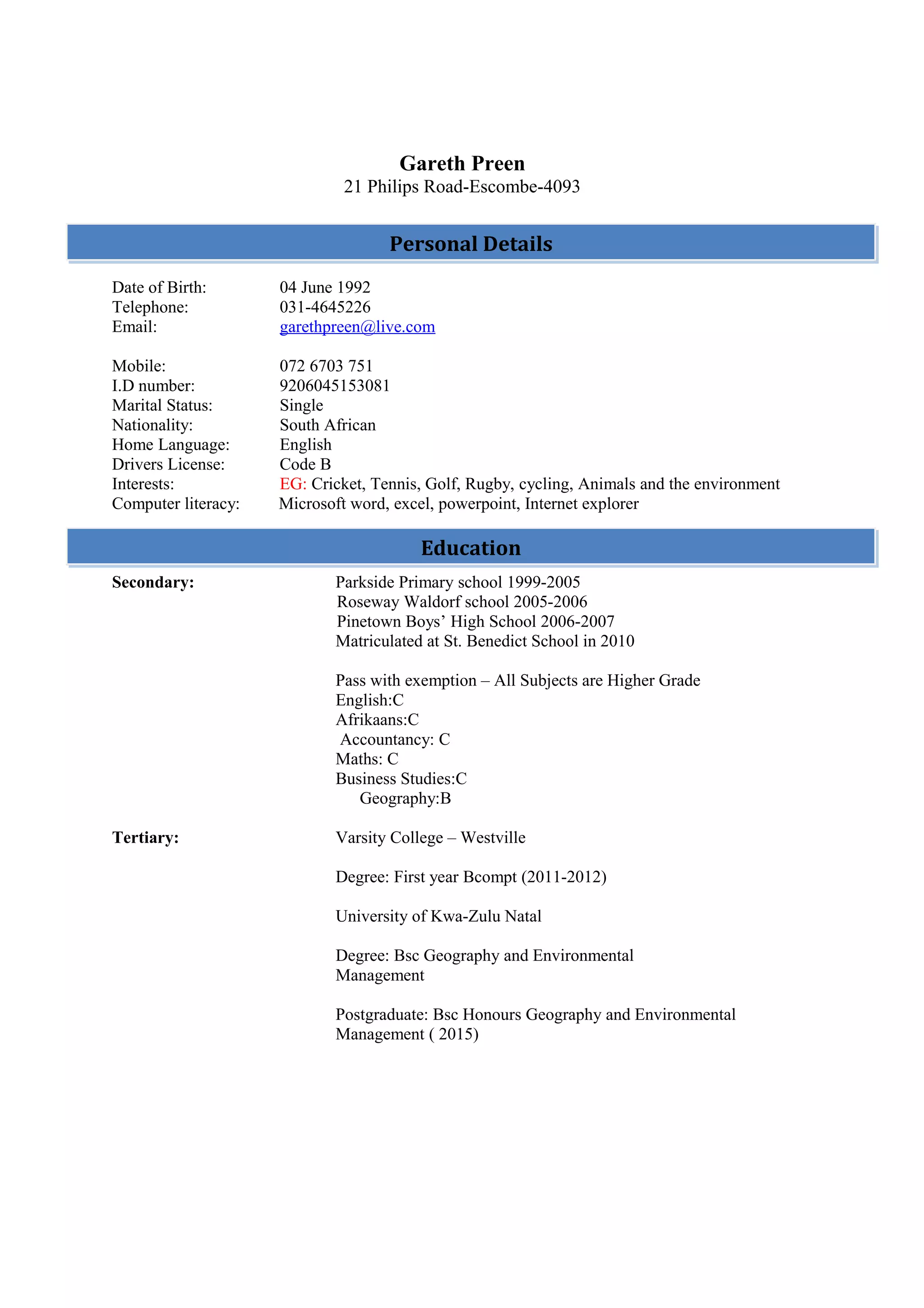 CV_Gareth_Preen_2016 | DOC