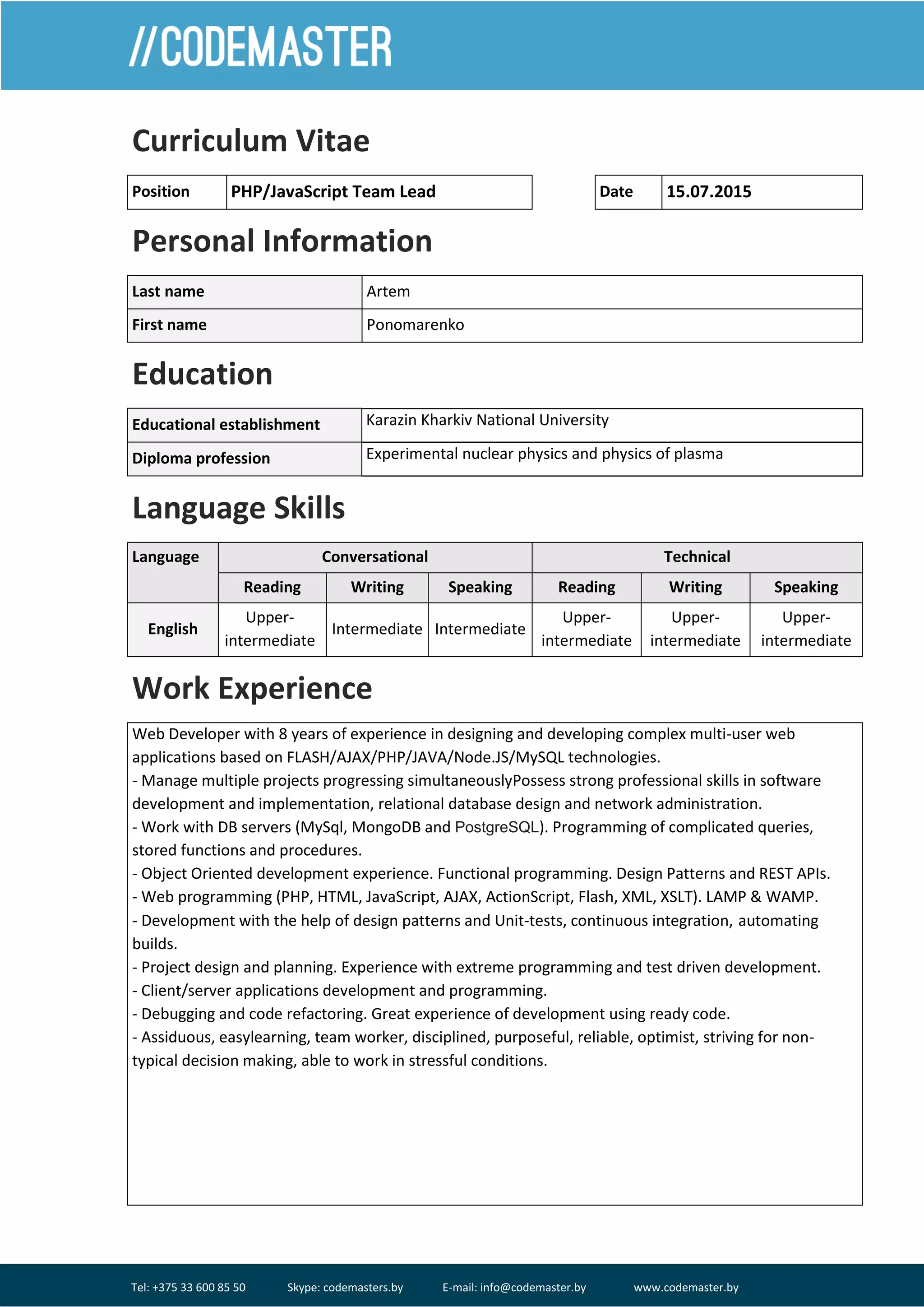CV_CodeMaster_Artem_Ponomarenko | PDF