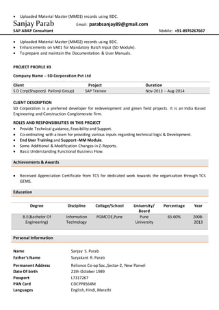 Resume_Sanjay_parab_SAP_ABAP_Consultant(1) - Copy | PDF