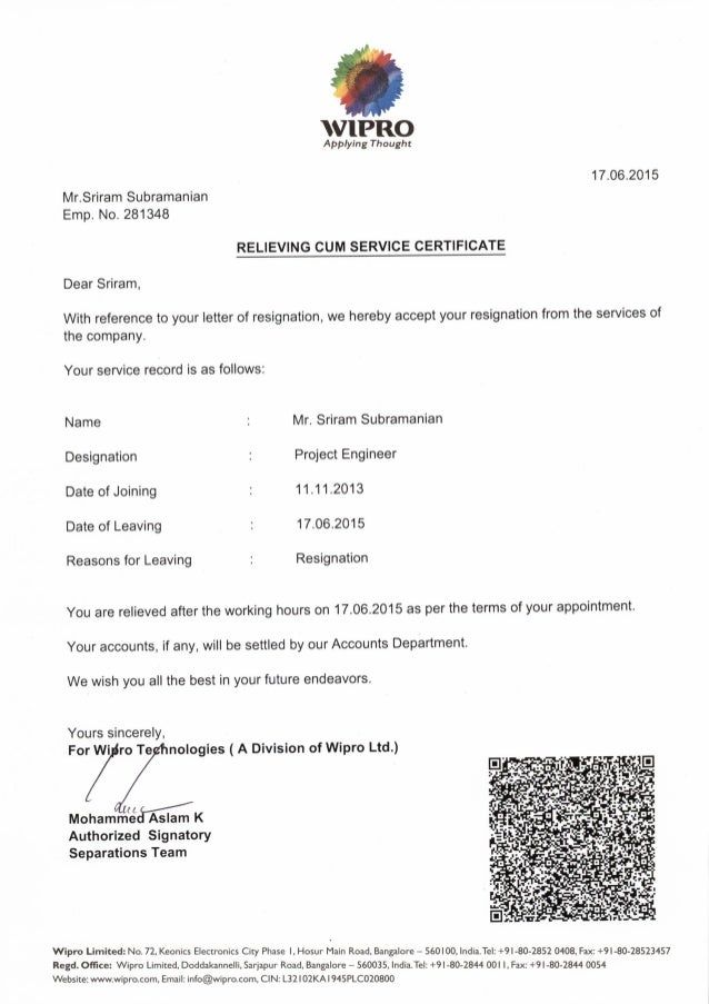 Wipro Experience Certificate Pdf
