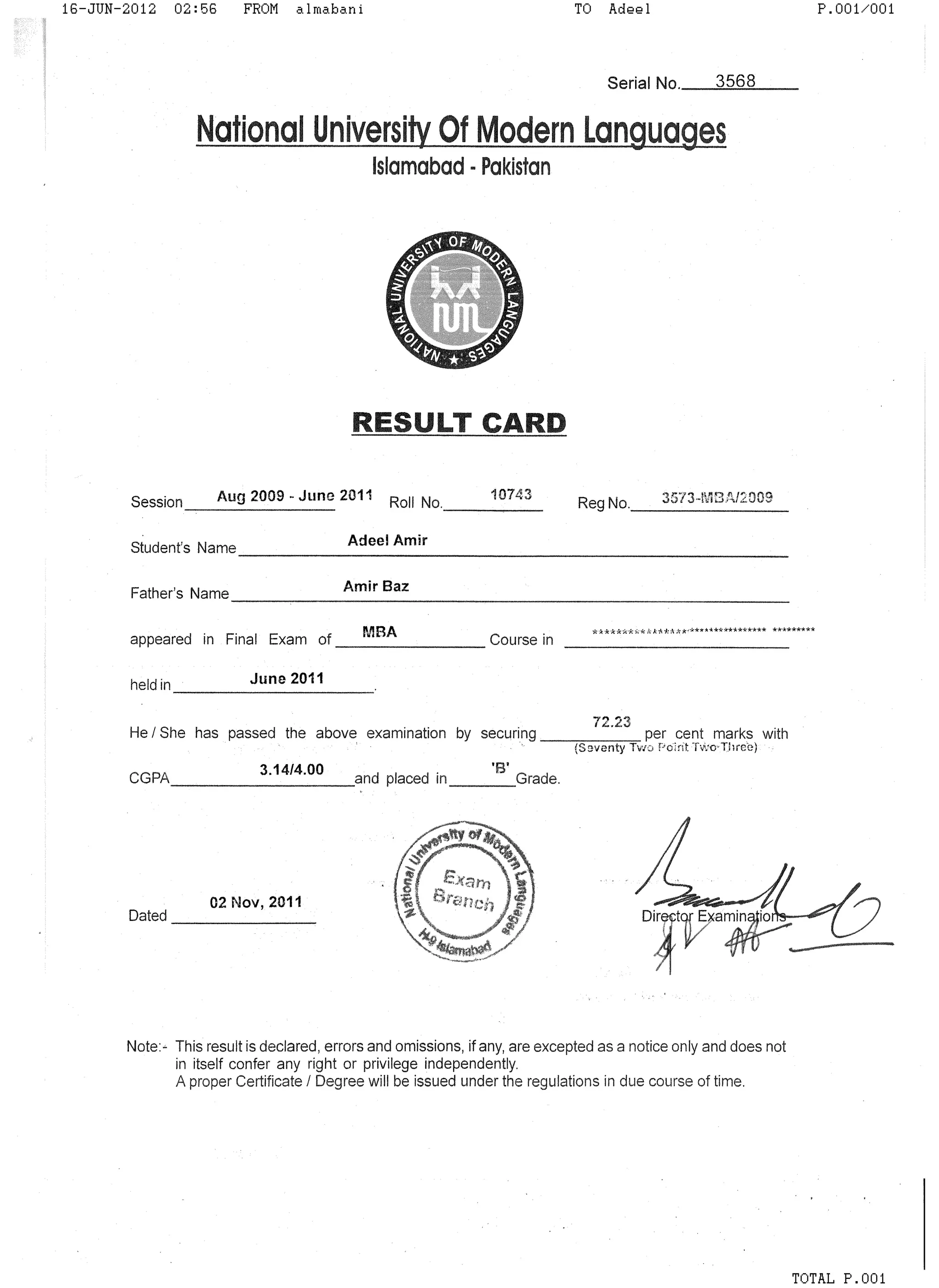 MBA Result Card | PDF