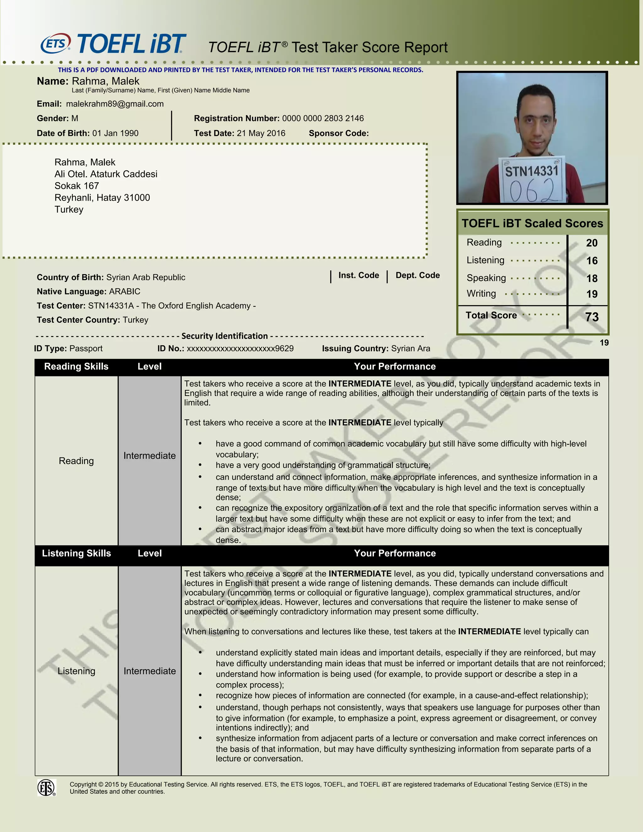 TOEFL IBT score report- Malek Rahma | PDF