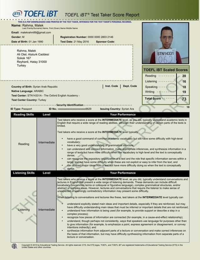 TOEFL IBT score report- Malek Rahma | PDF | Standardized Testing ...