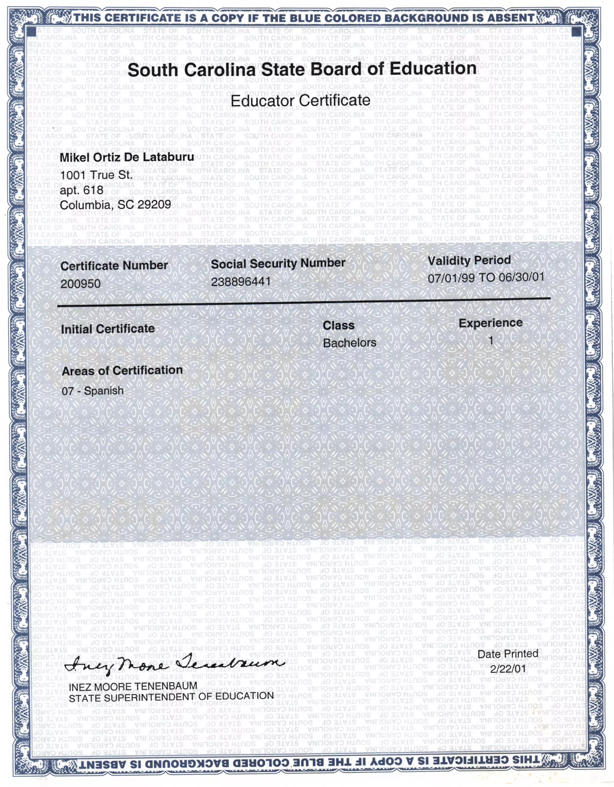 EducatorCertificateSC2001 | PDF